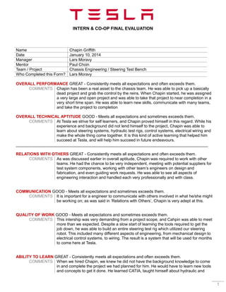 Tesla 14 Jan 09 Intern Final Evaluation - Chapin Griffith | PDF