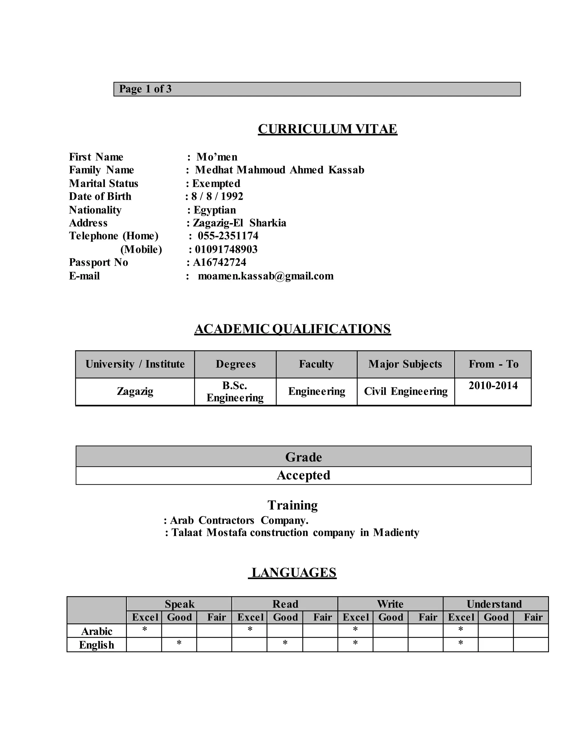 Curriculum Vitae Mo'men Kassab | DOCX