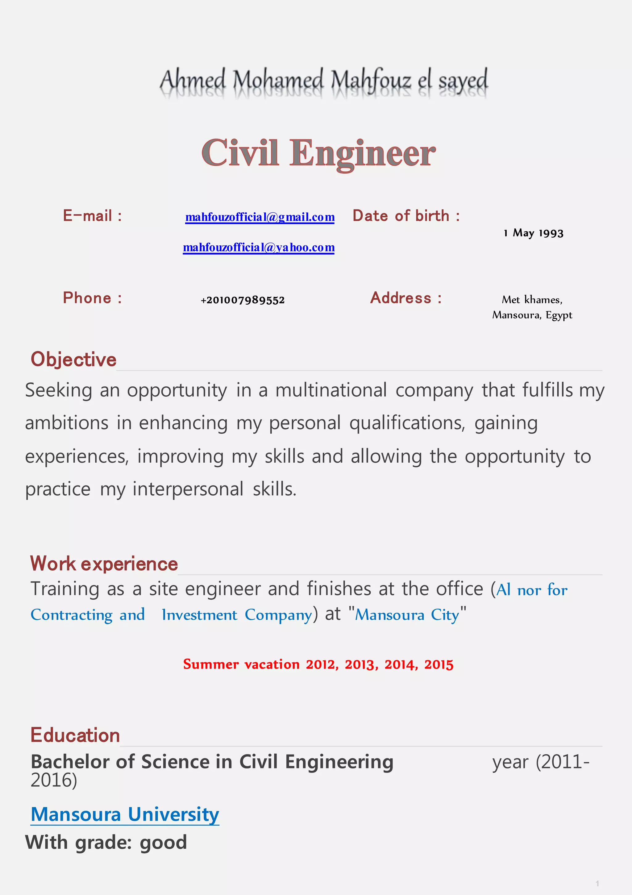 mahfouz CV | DOCX | Civil Engineering Industry | Industries
