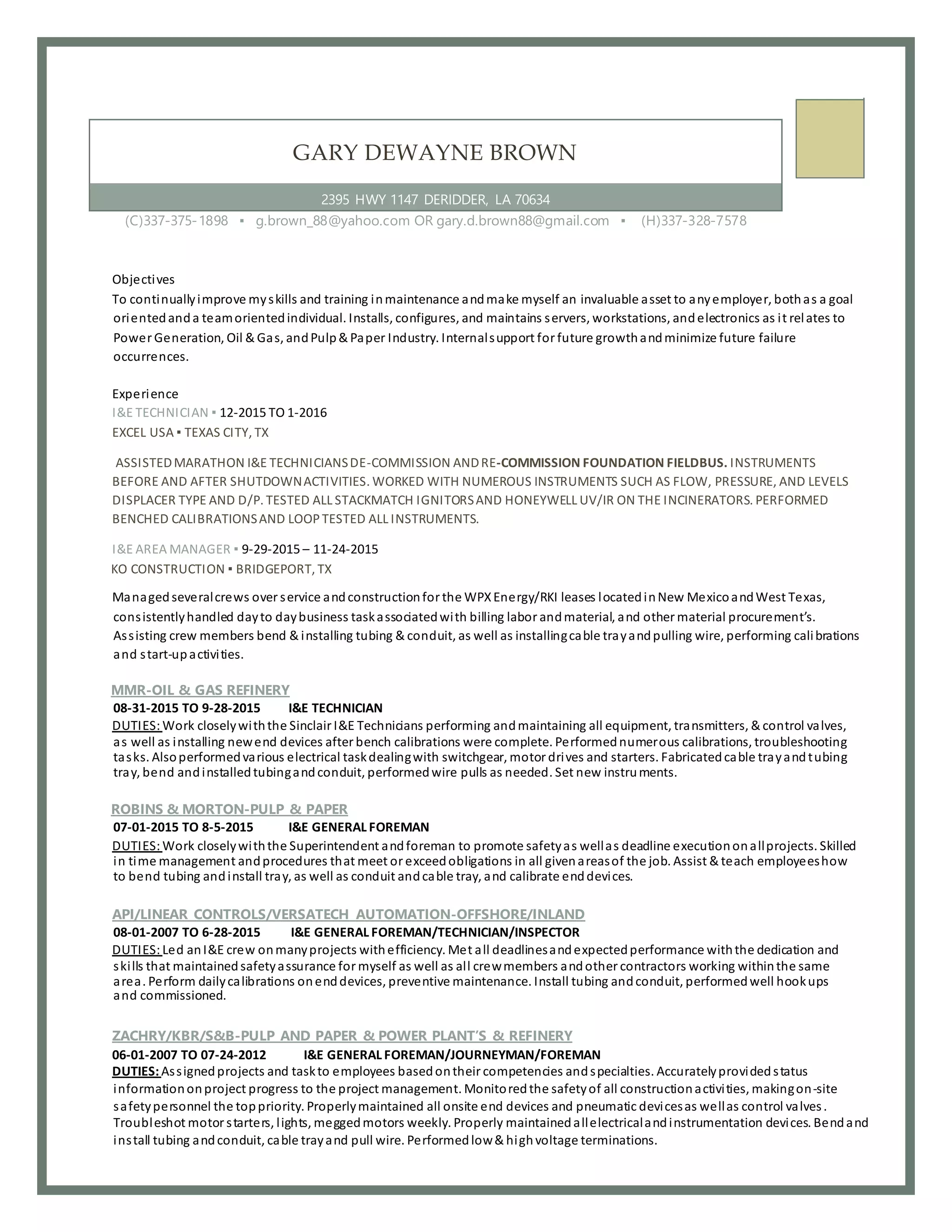 Gary DeWayne Brown I&E Resume | DOCX