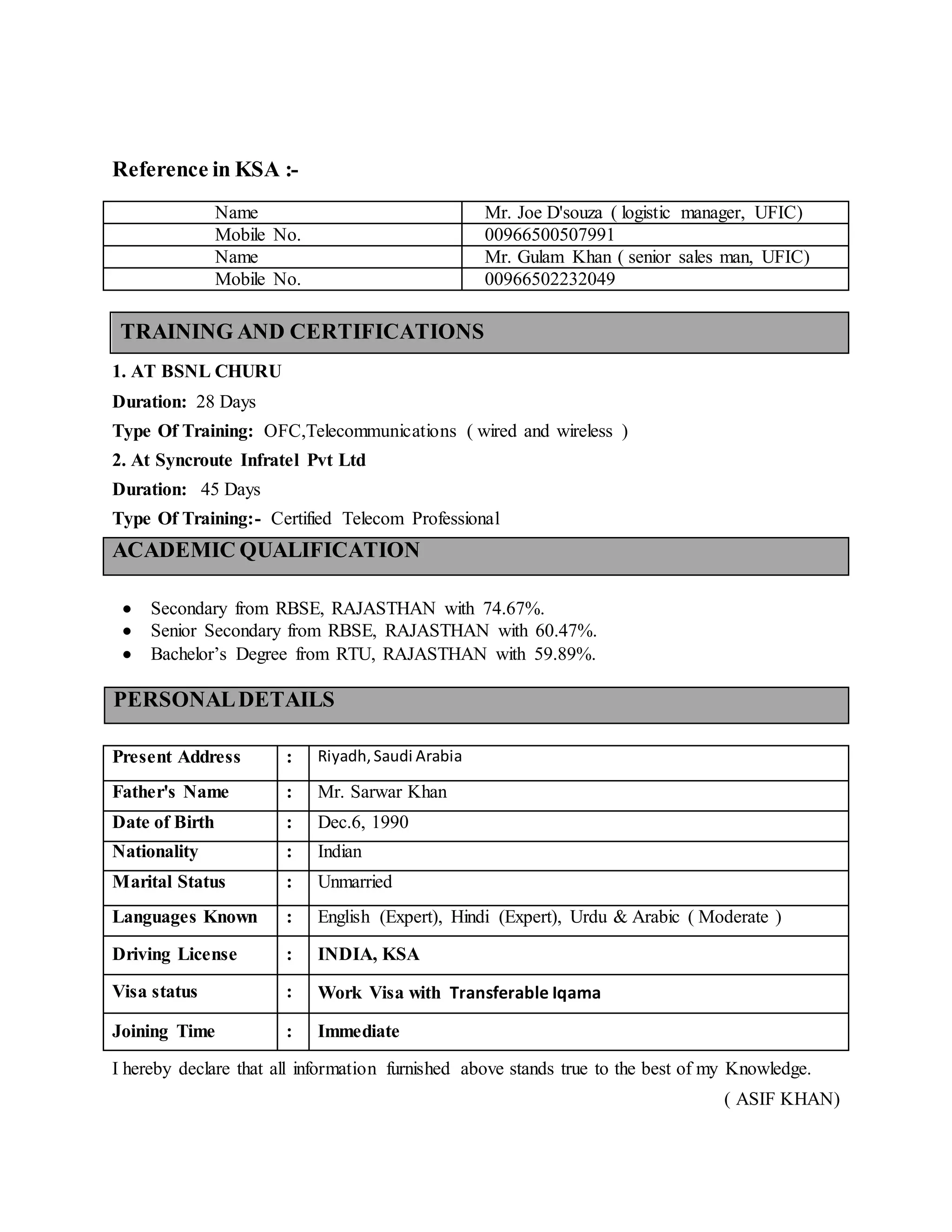 asif resume for ksa | DOCX