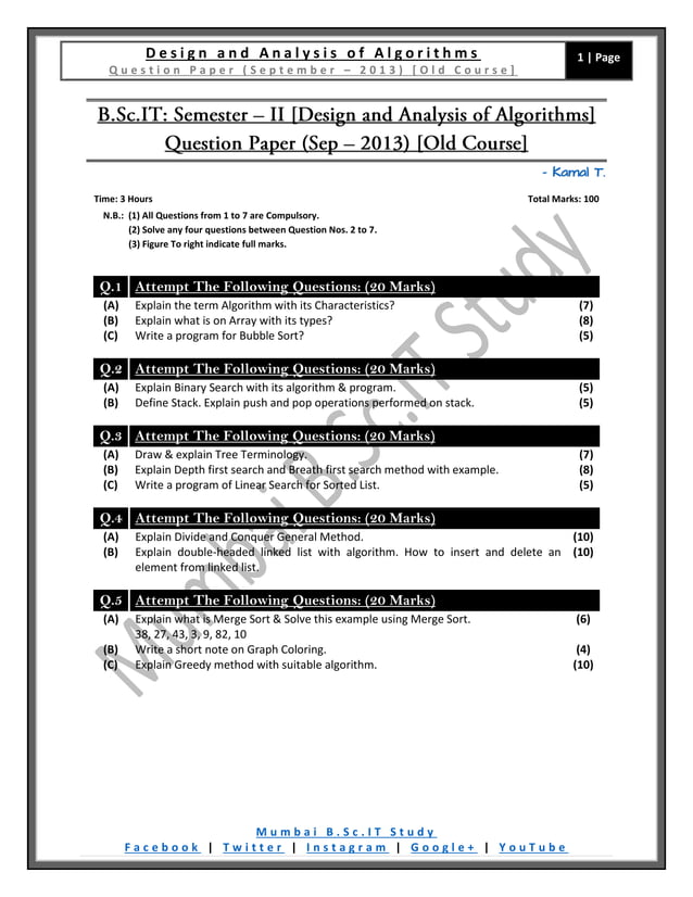 [Question Paper] Design and Analysis of Algorithms (Old Course) [September / 2013] | PDF
