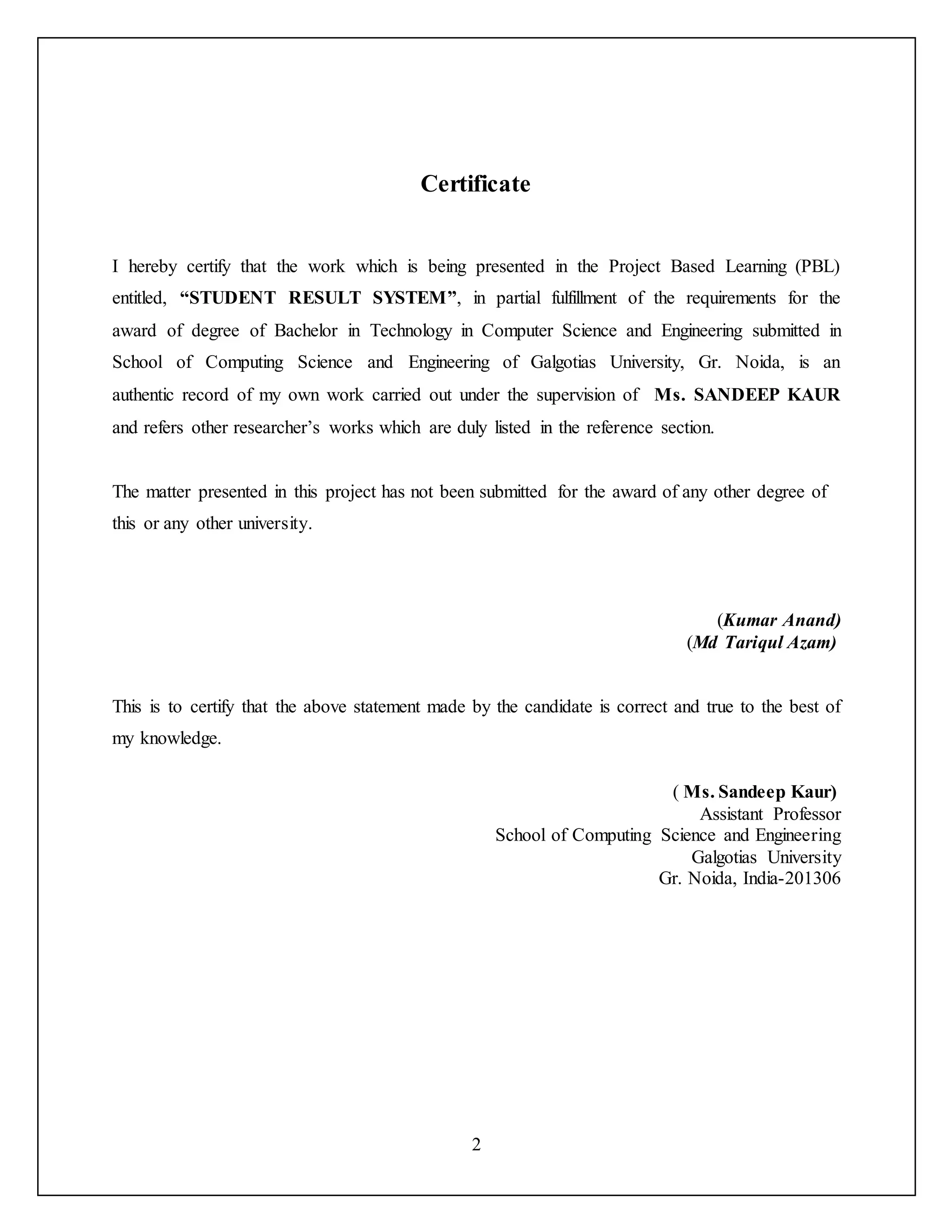 Project for Student Result System | DOCX