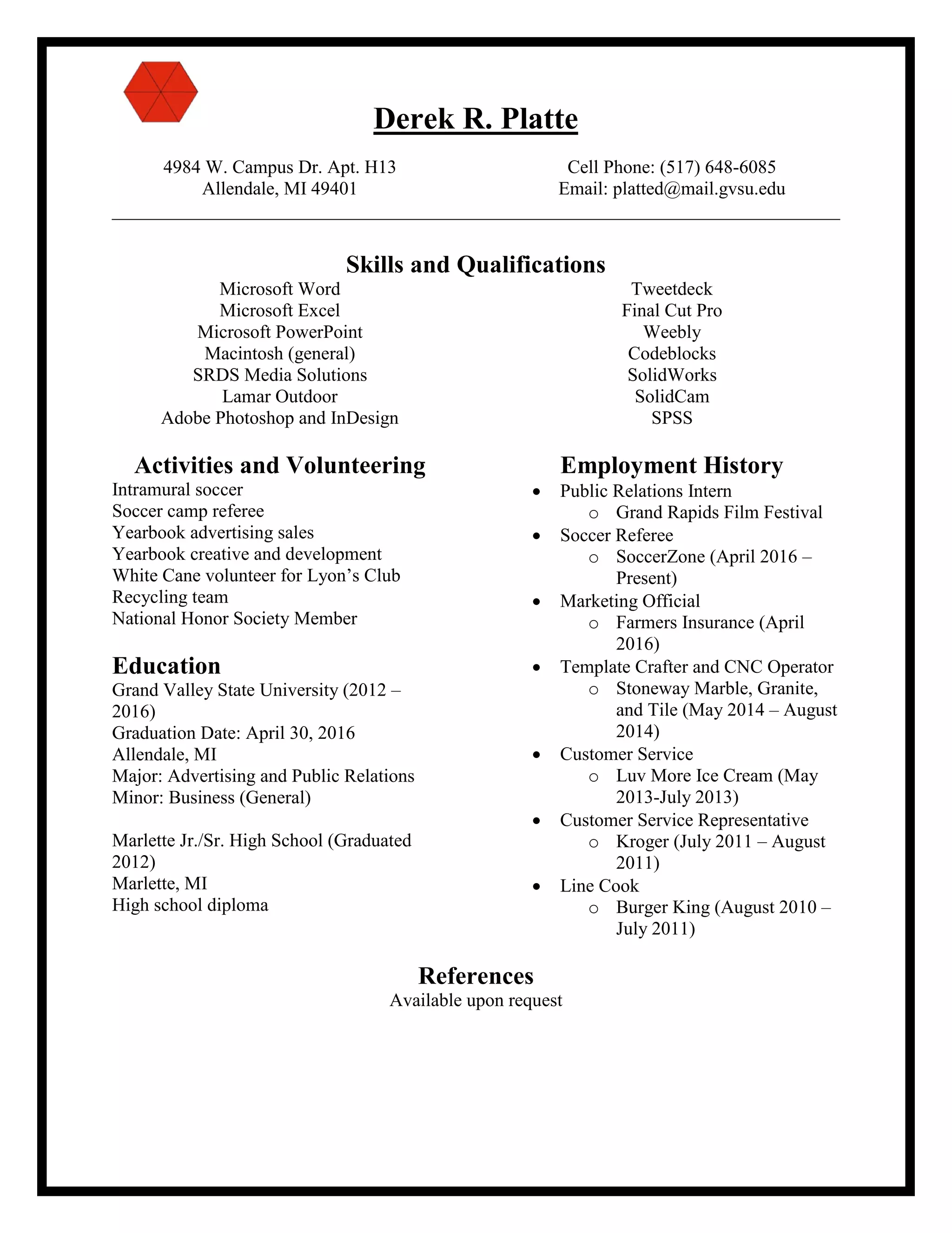 Derek Platte Resume | PDF