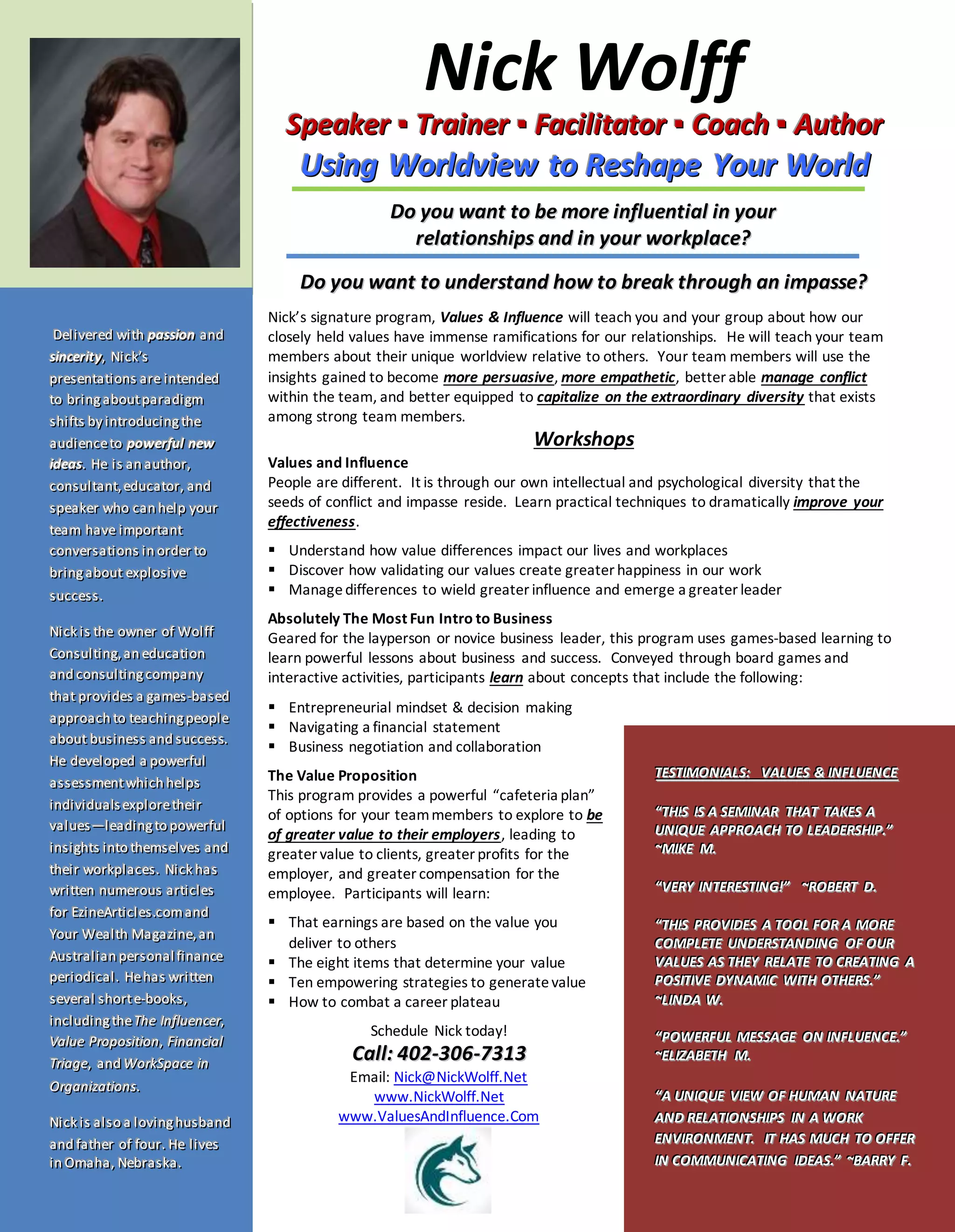 Nick Wolff - Speaker's One-Sheet - 102016 | DOCX