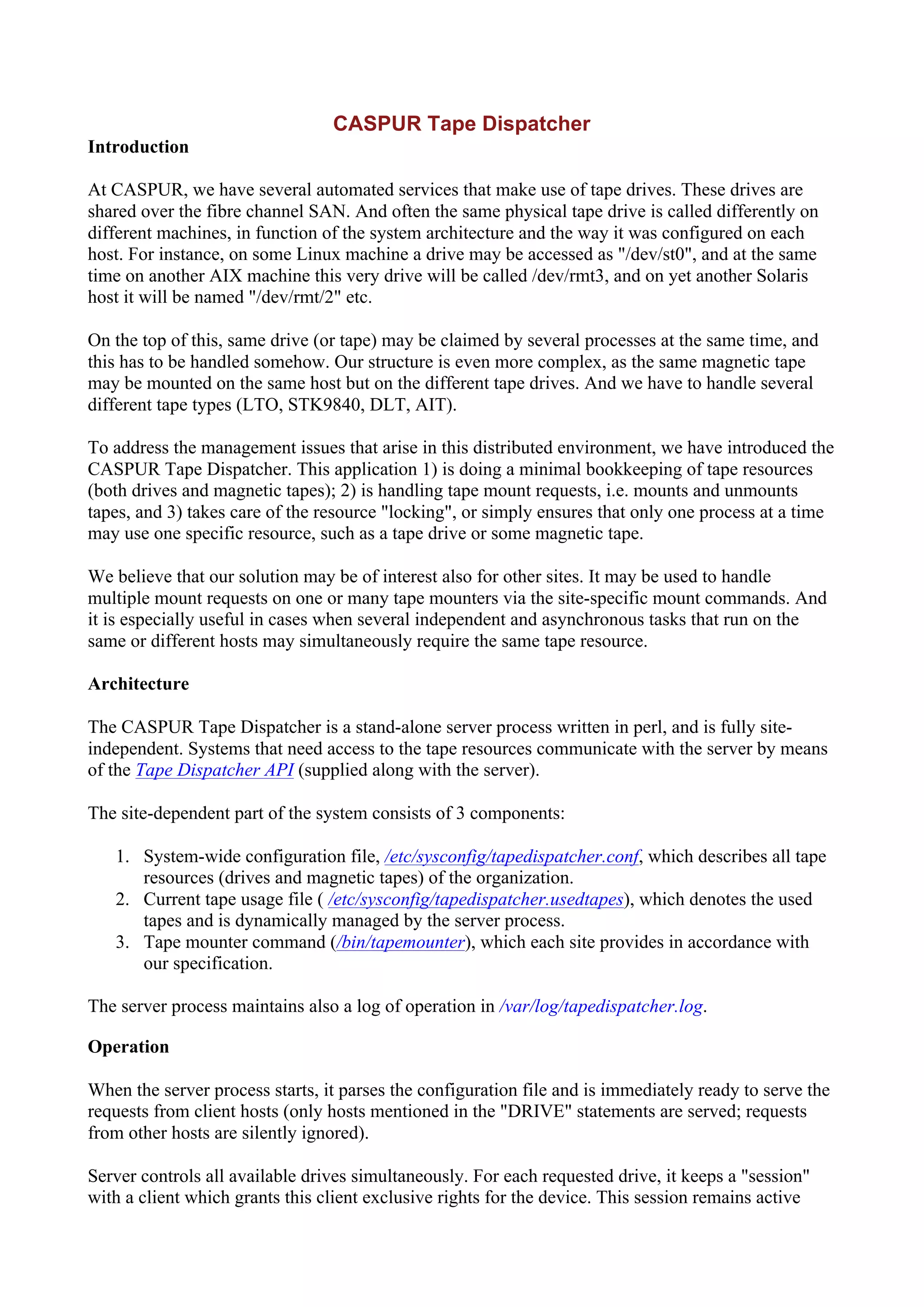 CASPUR Tape Dispatcher | PDF