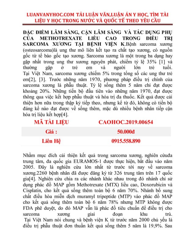 Dac diem lam sang, can lam sang va tac dung phu cua methotrexate lieu cao trong dieu tri sarcoma ...