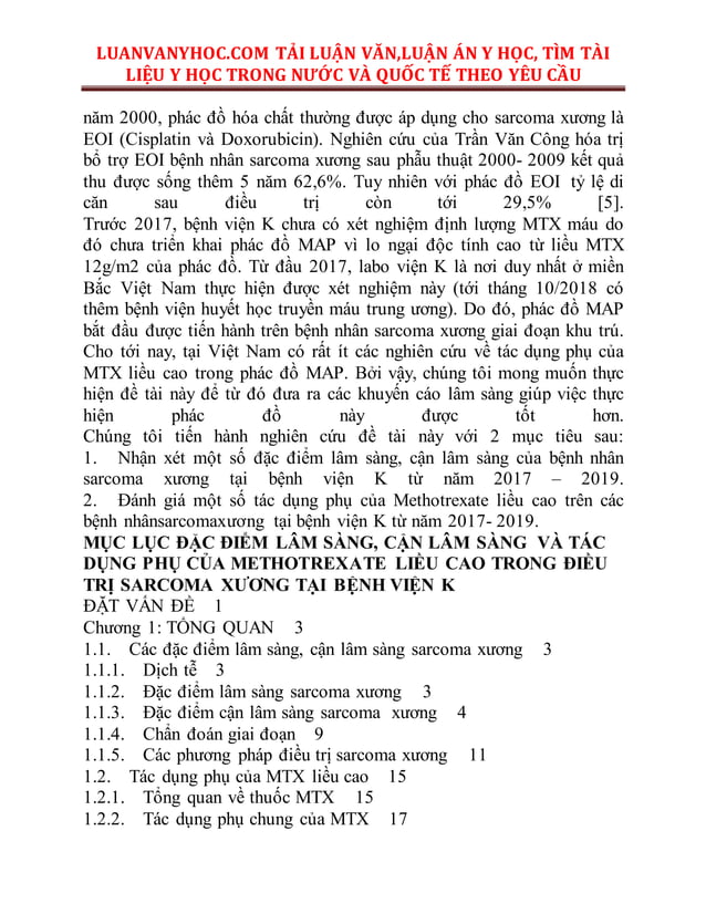 Dac diem lam sang, can lam sang va tac dung phu cua methotrexate lieu cao trong dieu tri sarcoma ...