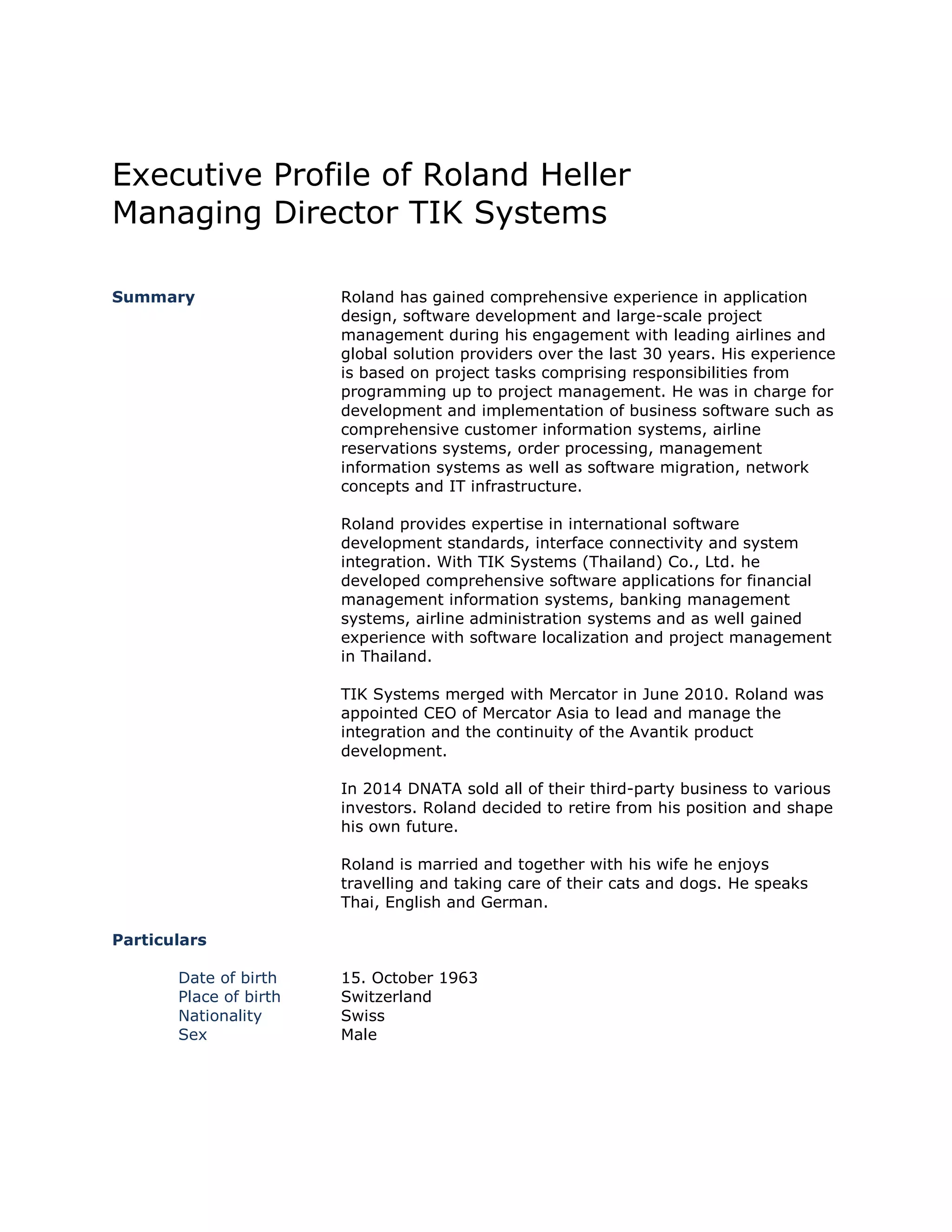 Executive Profile of Roland Heller | PDF