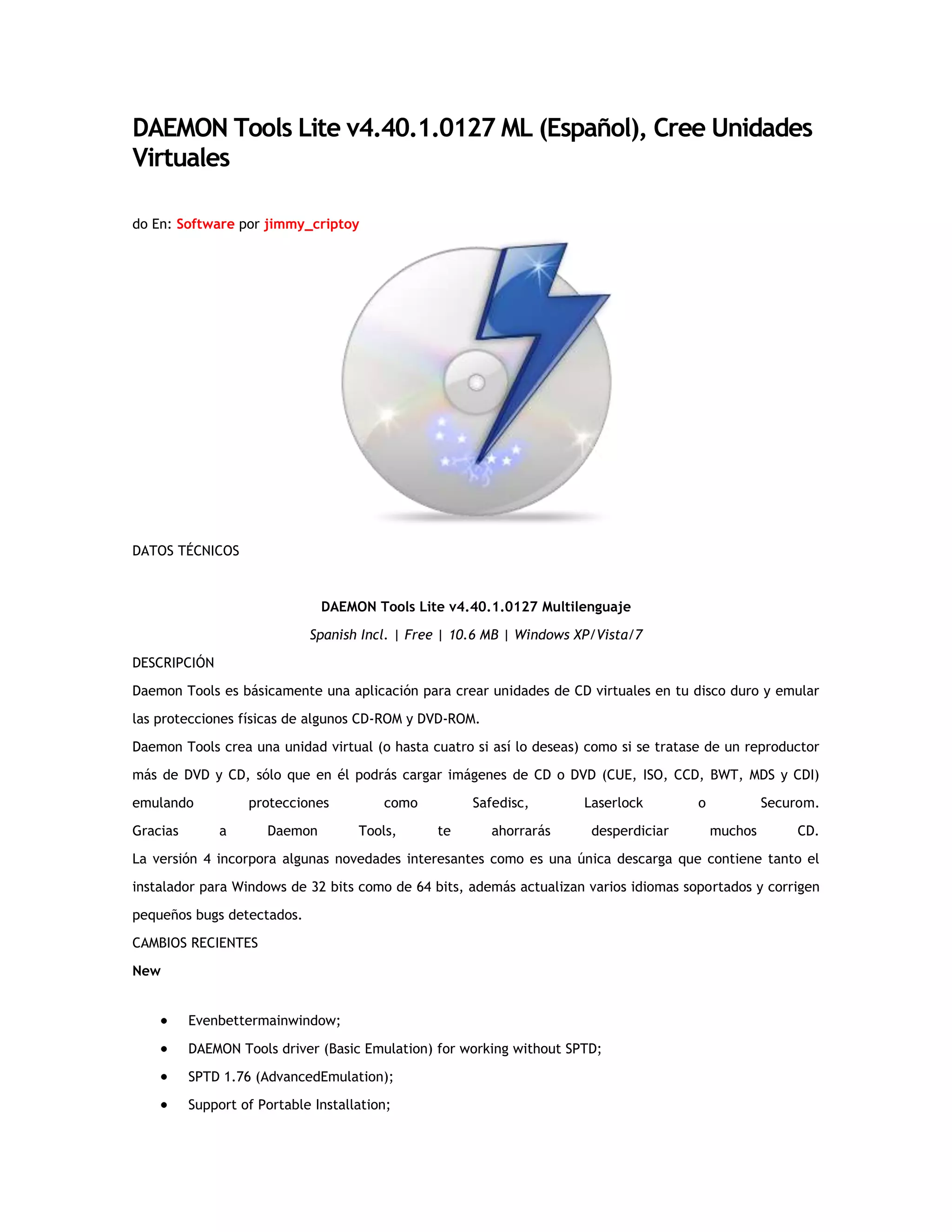 Daemon tools lite v4.40.1.0127 ml (español), cree unidades virtuales | DOCX
