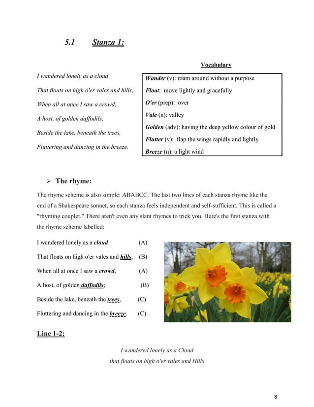 Daffodils (I wandered lonely as a cloud) - William Wordsworth | PDF