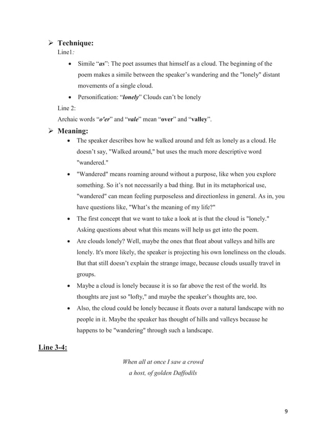 Daffodils (I wandered lonely as a cloud) - William Wordsworth | PDF