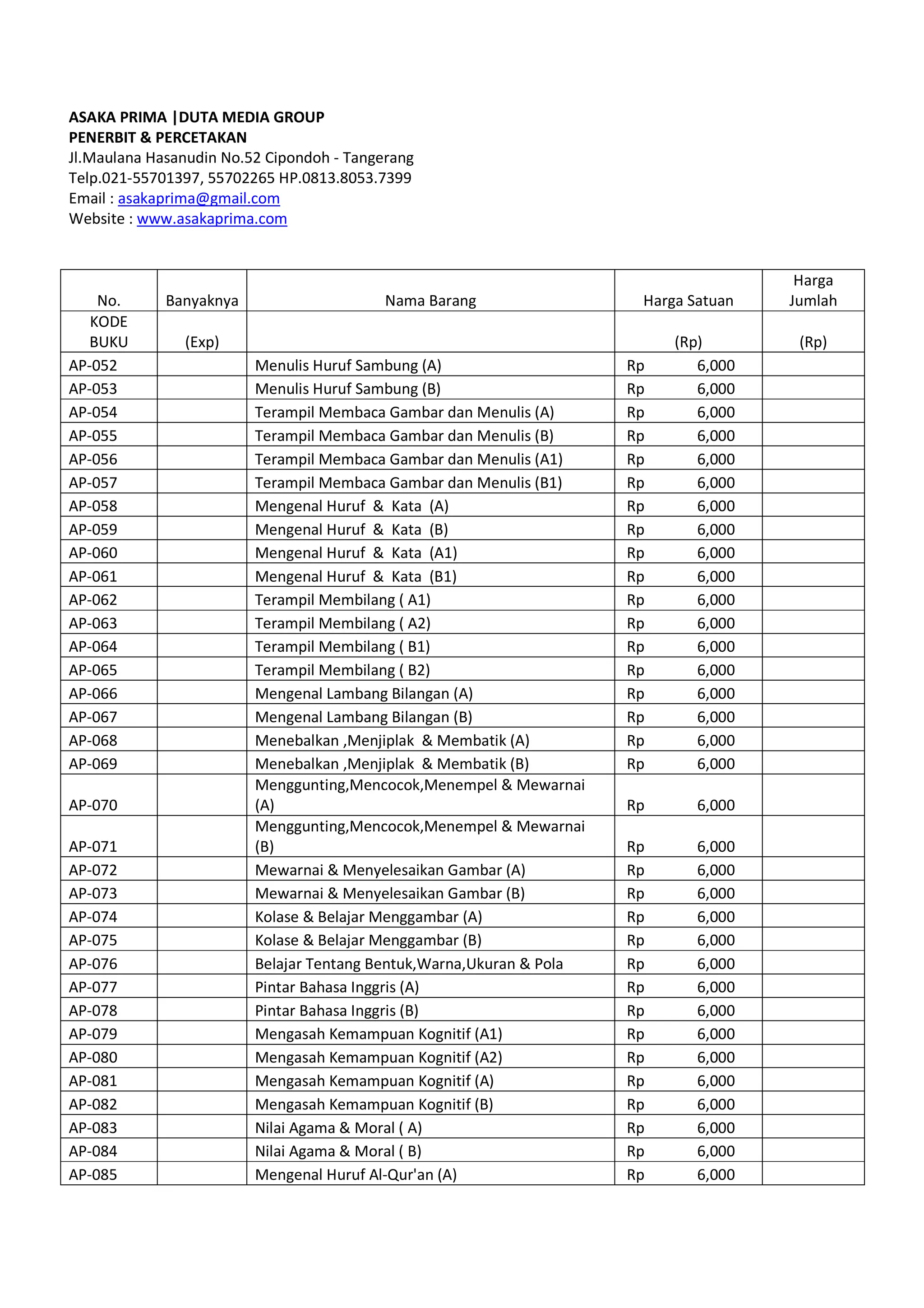 Daftar buku paud tk penerbit asaka pirma | PDF