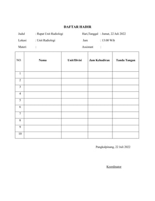Daftar Hadir Rapat Unit Radiologi 22 Juli | PDF
