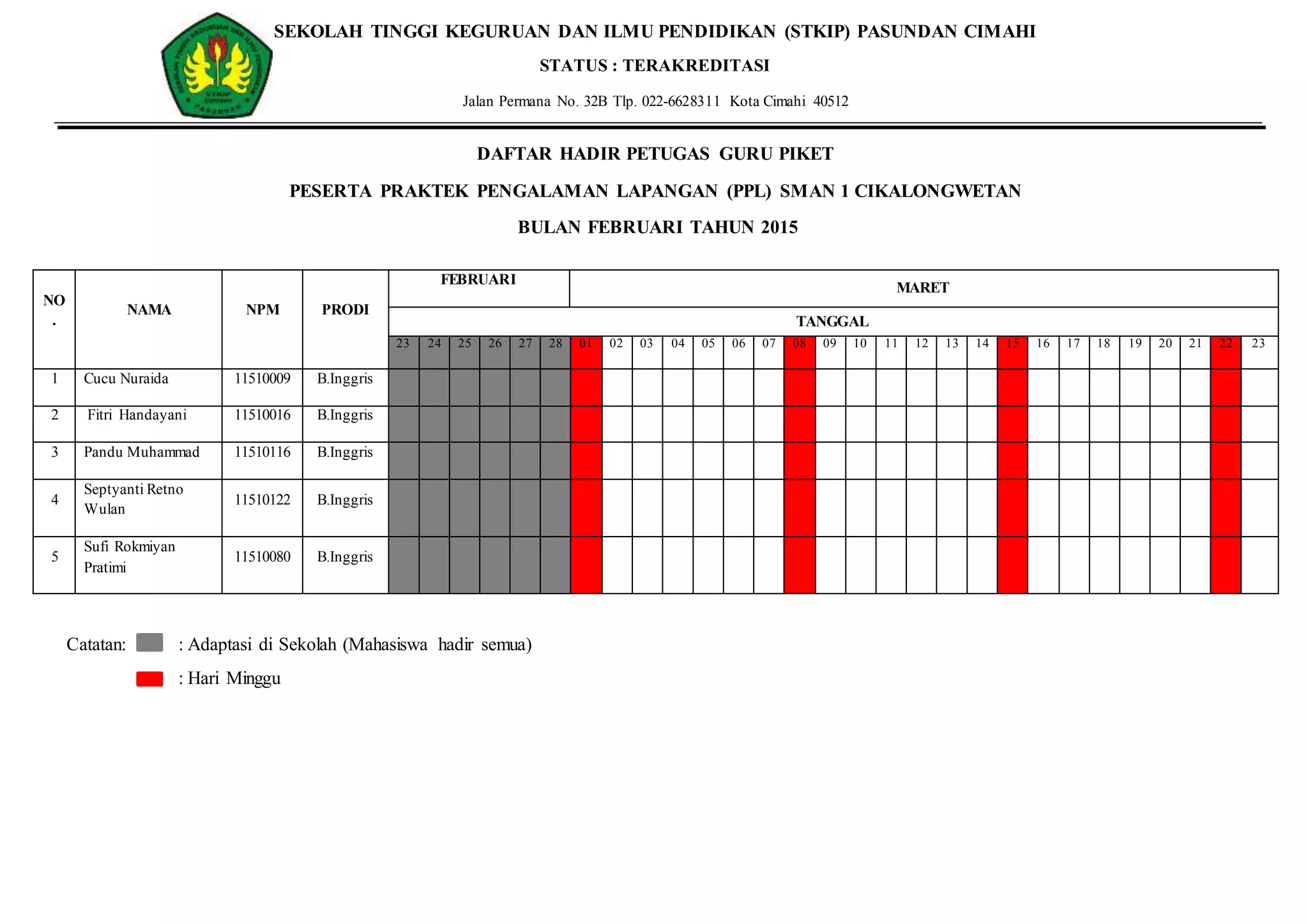 Daftar hadir petugas guru piket | DOCX