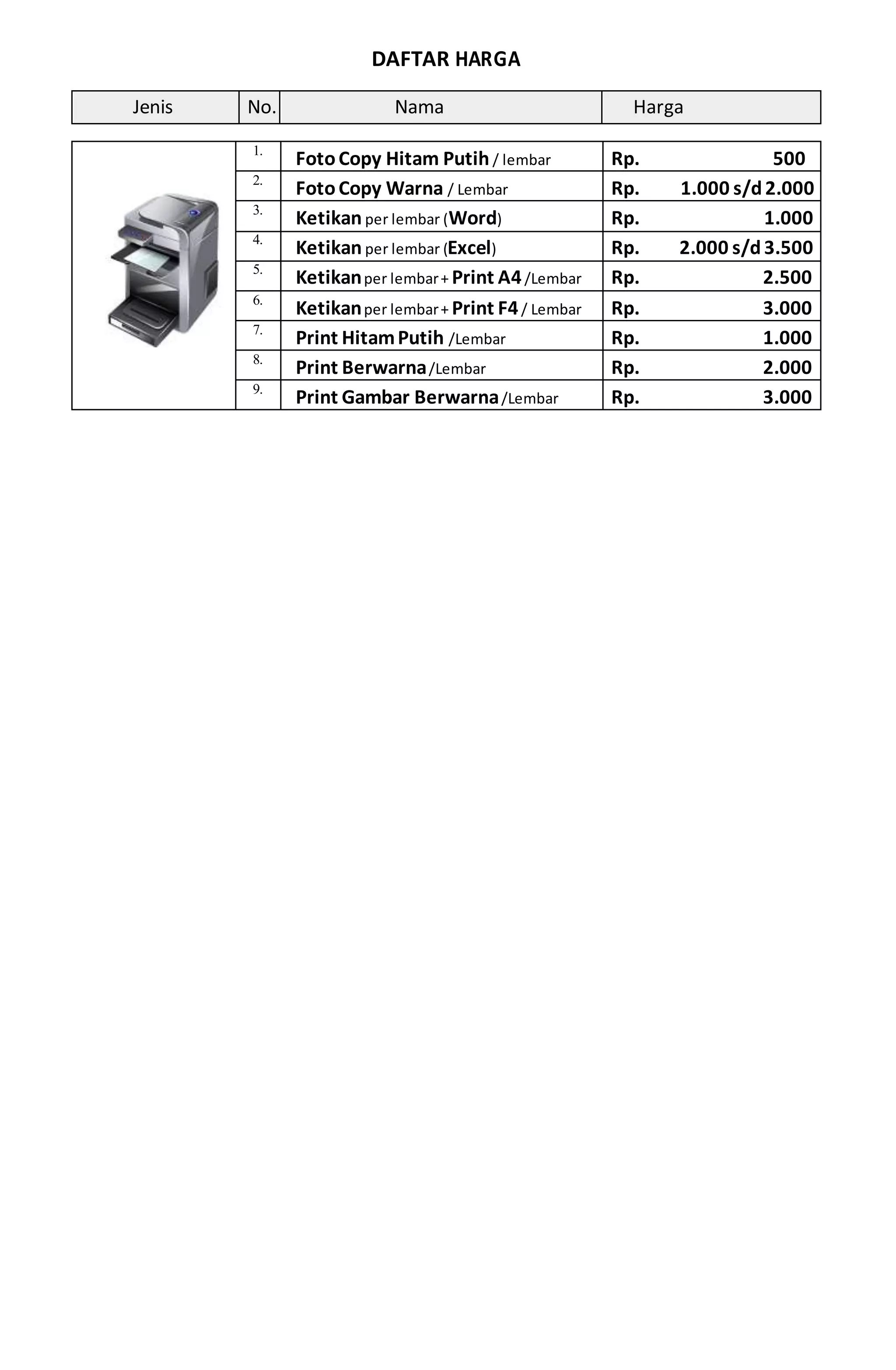 Daftar harga | DOCX