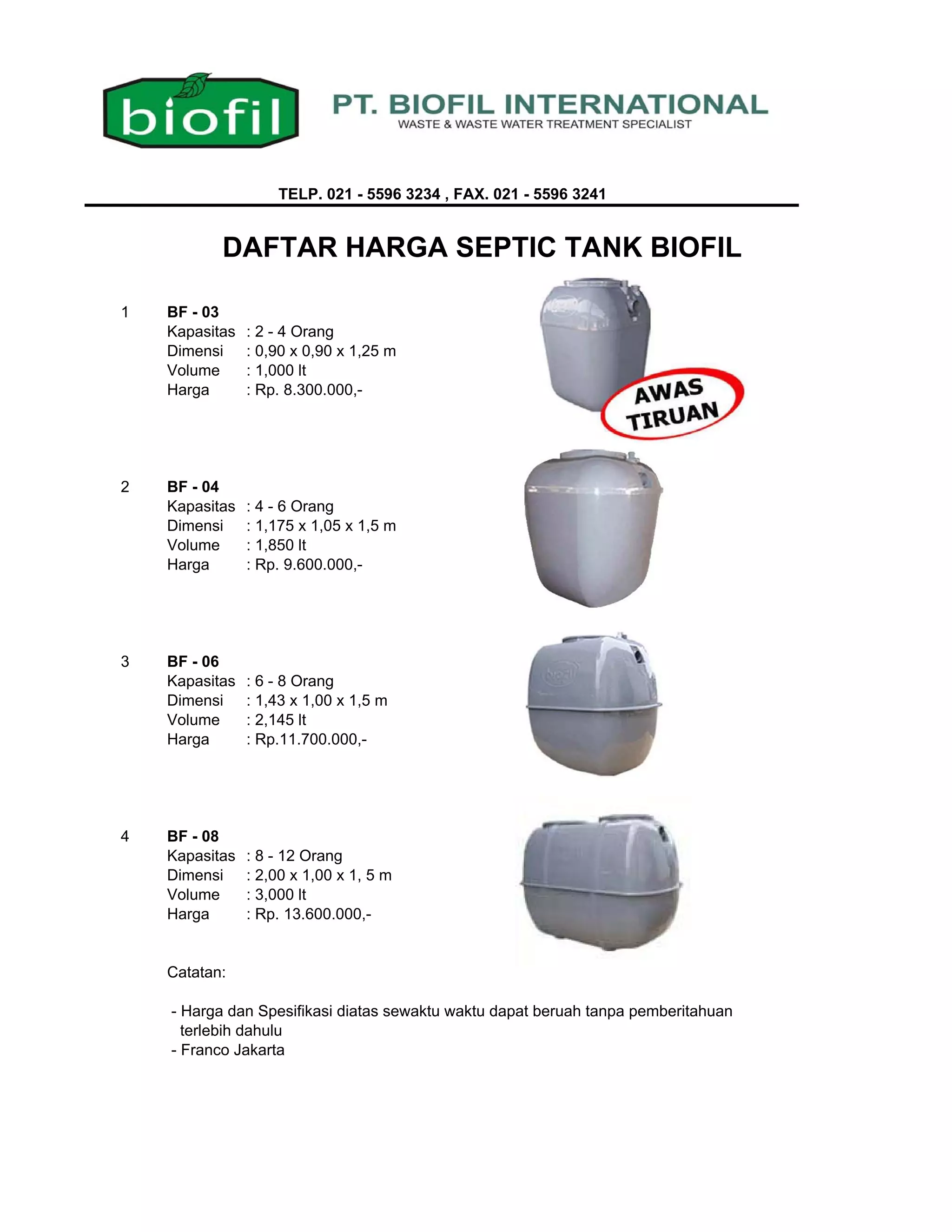 Daftar harga biofil septic tank | PDF