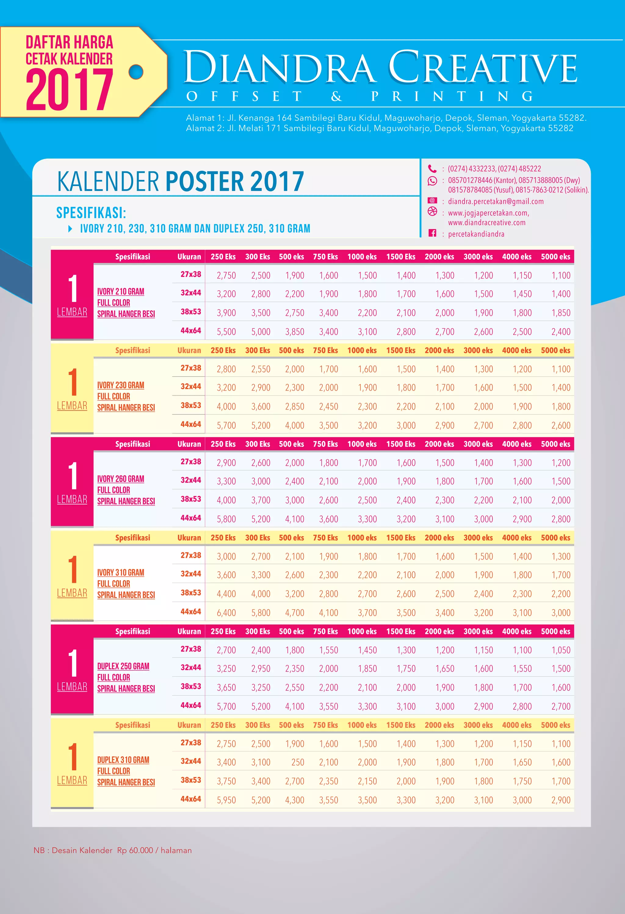 Daftar harga cetak kalender 2017 Diandra Creative Offset & Printing Yogyakarta | PDF