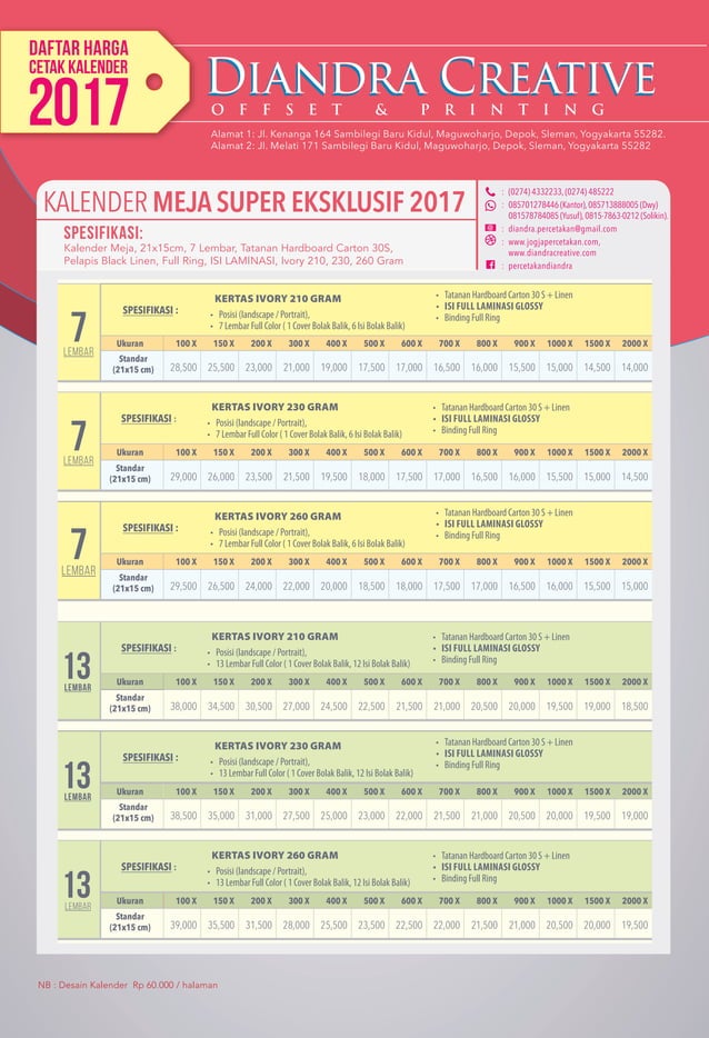 Daftar harga cetak kalender 2017 Diandra Creative Offset & Printing Yogyakarta | PDF