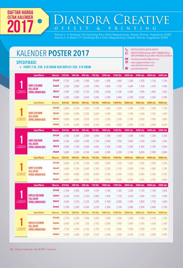 Daftar harga cetak kalender 2017 Diandra Creative Offset & Printing Yogyakarta | PDF