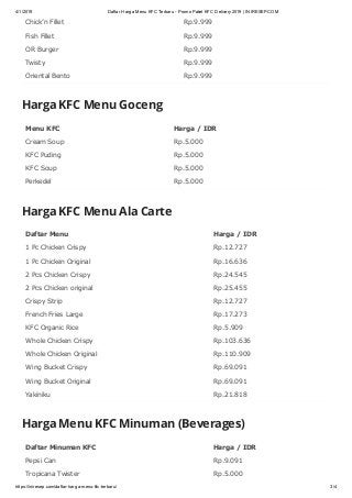Daftar Harga Menu KFC Terbaru 2019