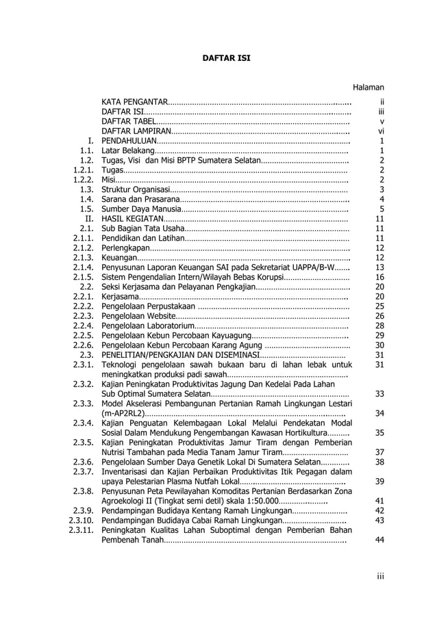 Daftar isi laphir 2014 bptp sumsel | PDF