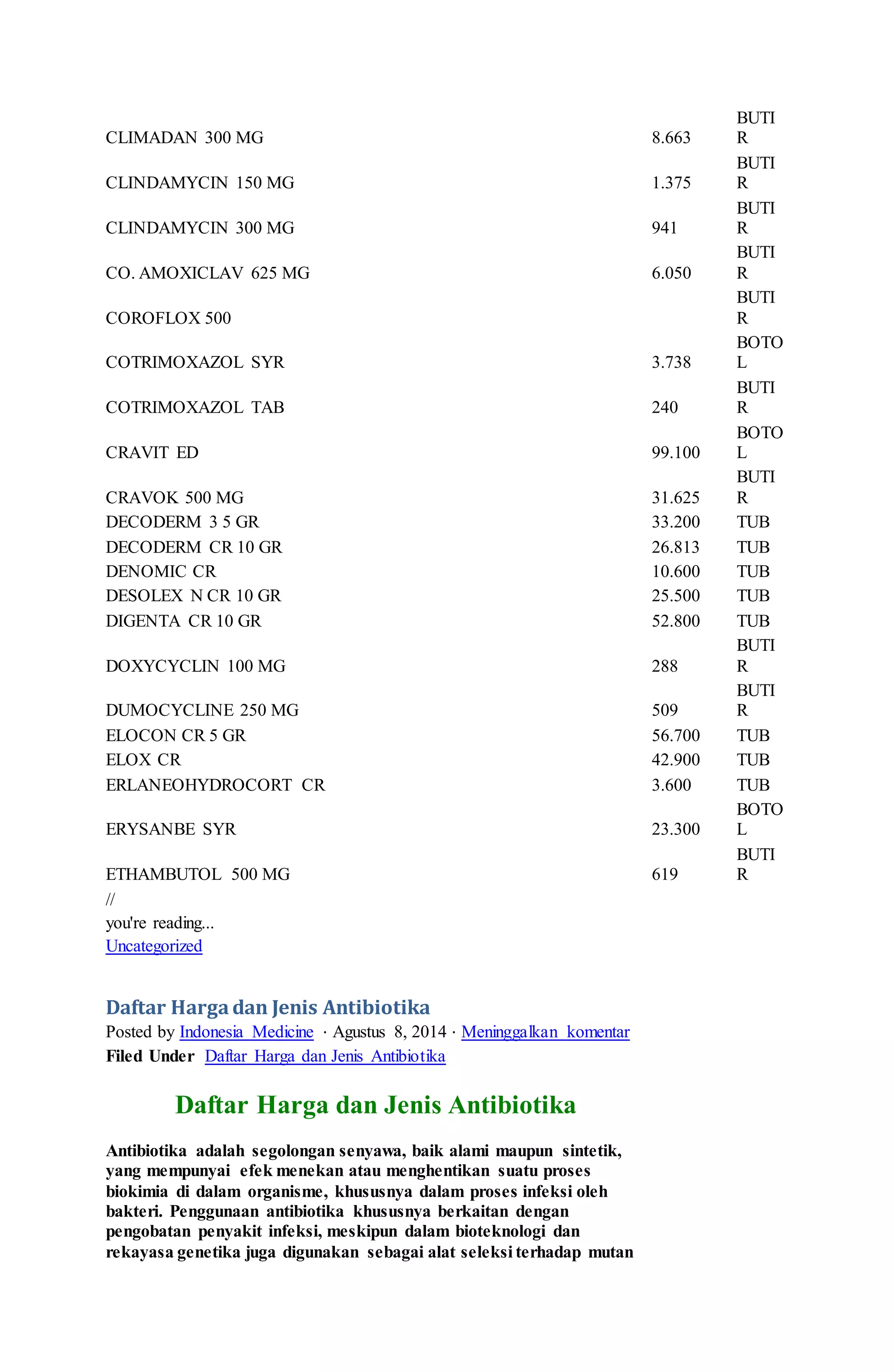 Daftar lengkap harga dan jenis antibiotika | DOCX