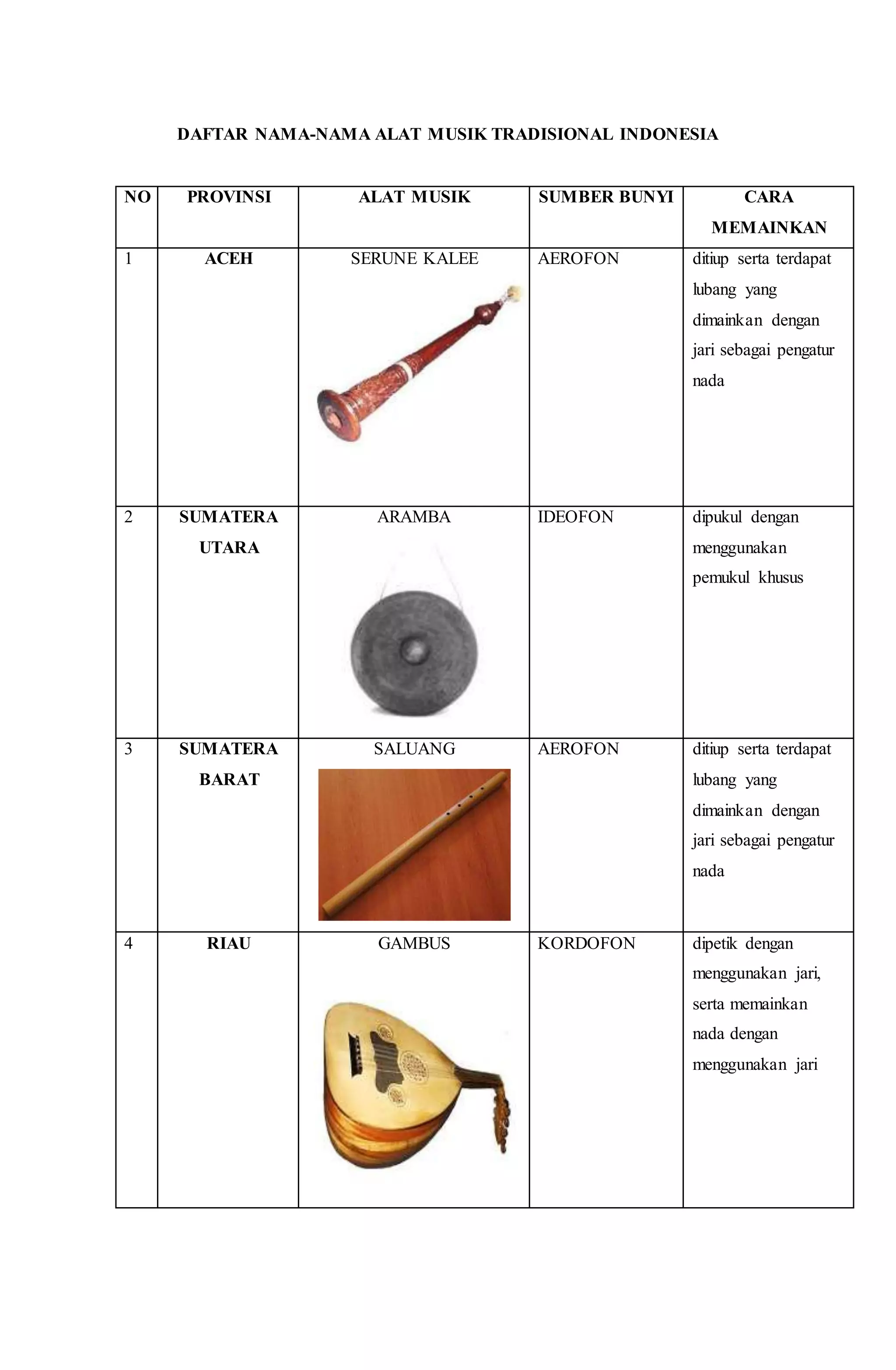 ALAT MUSIK TRADISIONAL INDONESIA DAN GAMBAR | DOCX