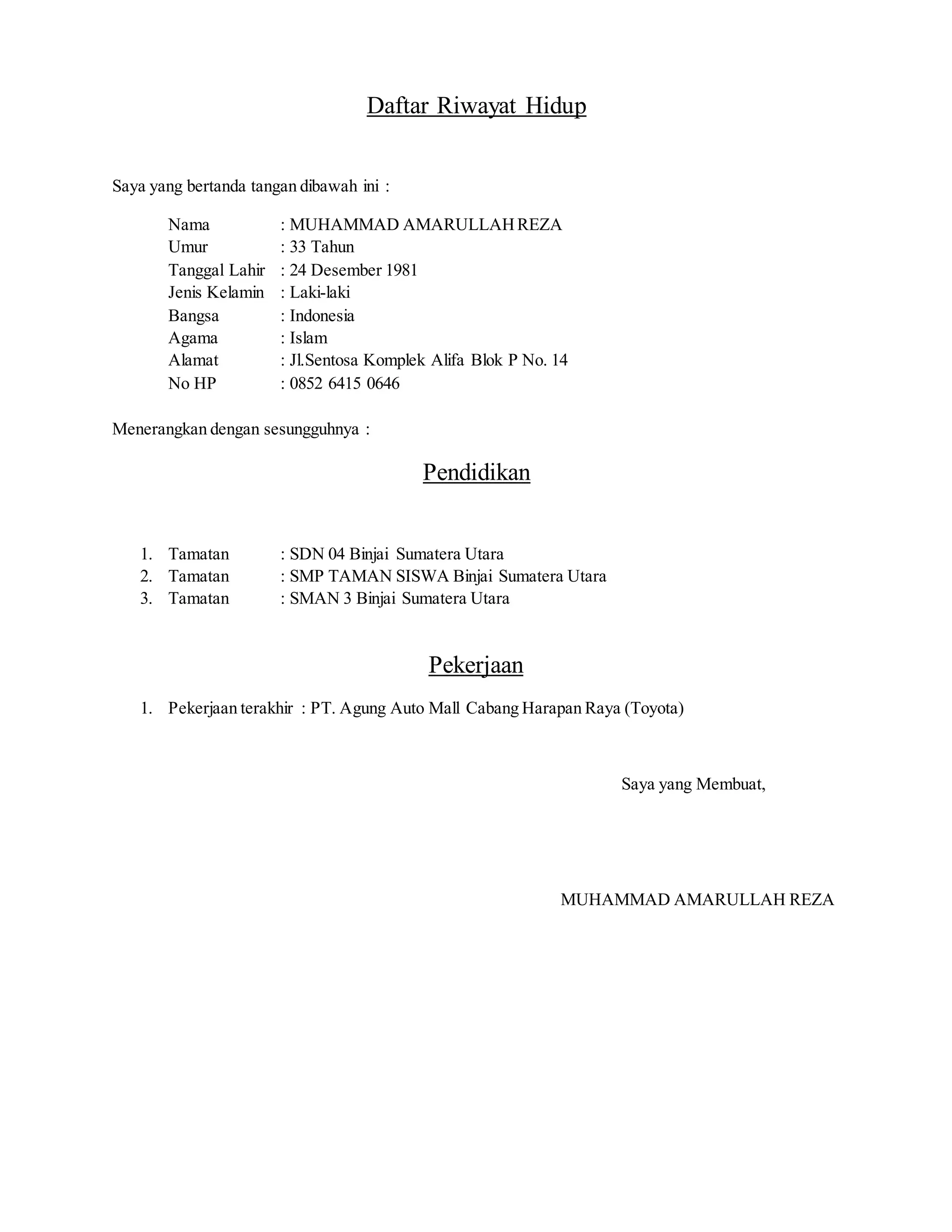 Daftar riwayat hidup amarullah | DOCX