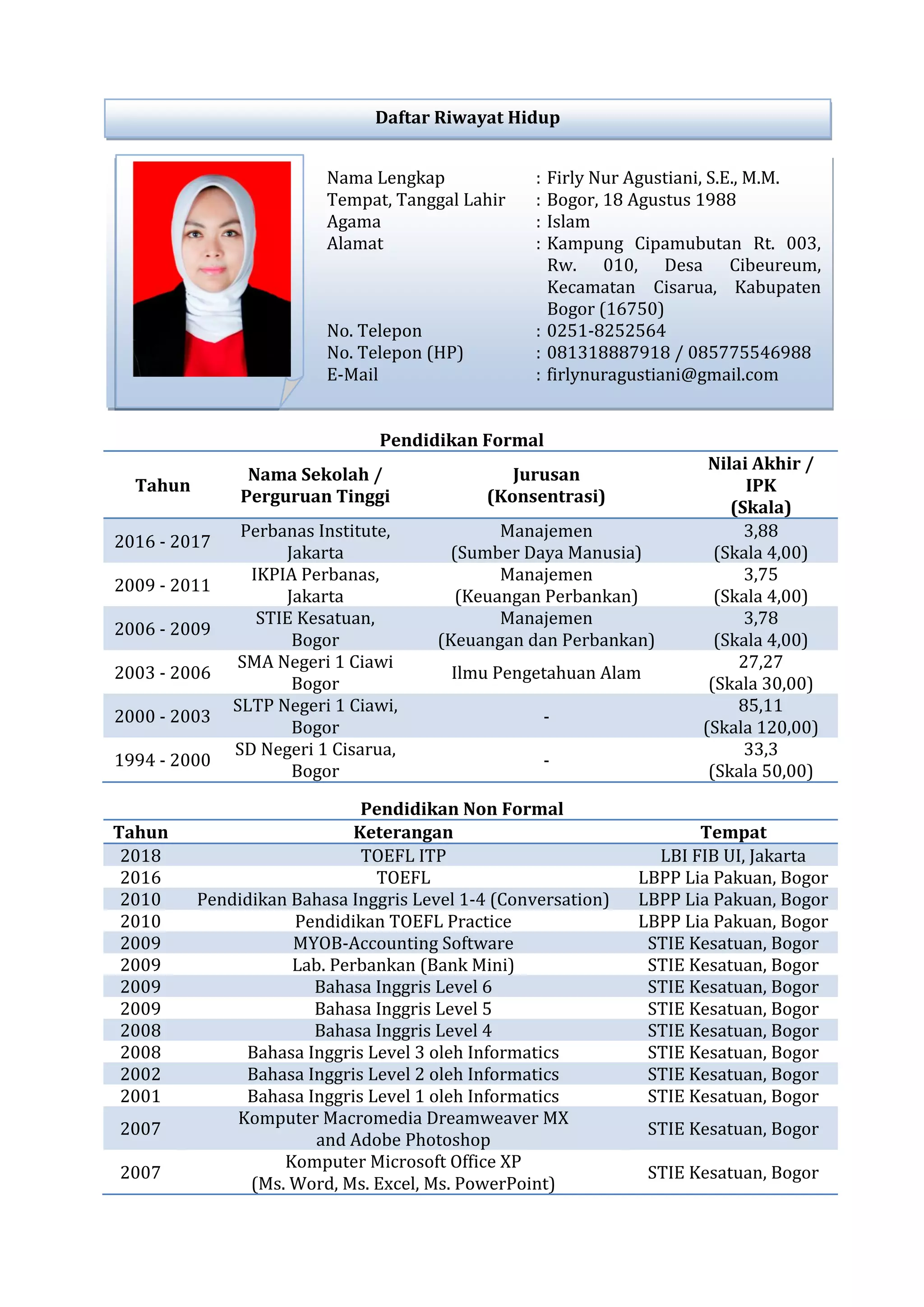 Daftar riwayat hidup terbaru desember 2018 firly nur agustiani | PDF