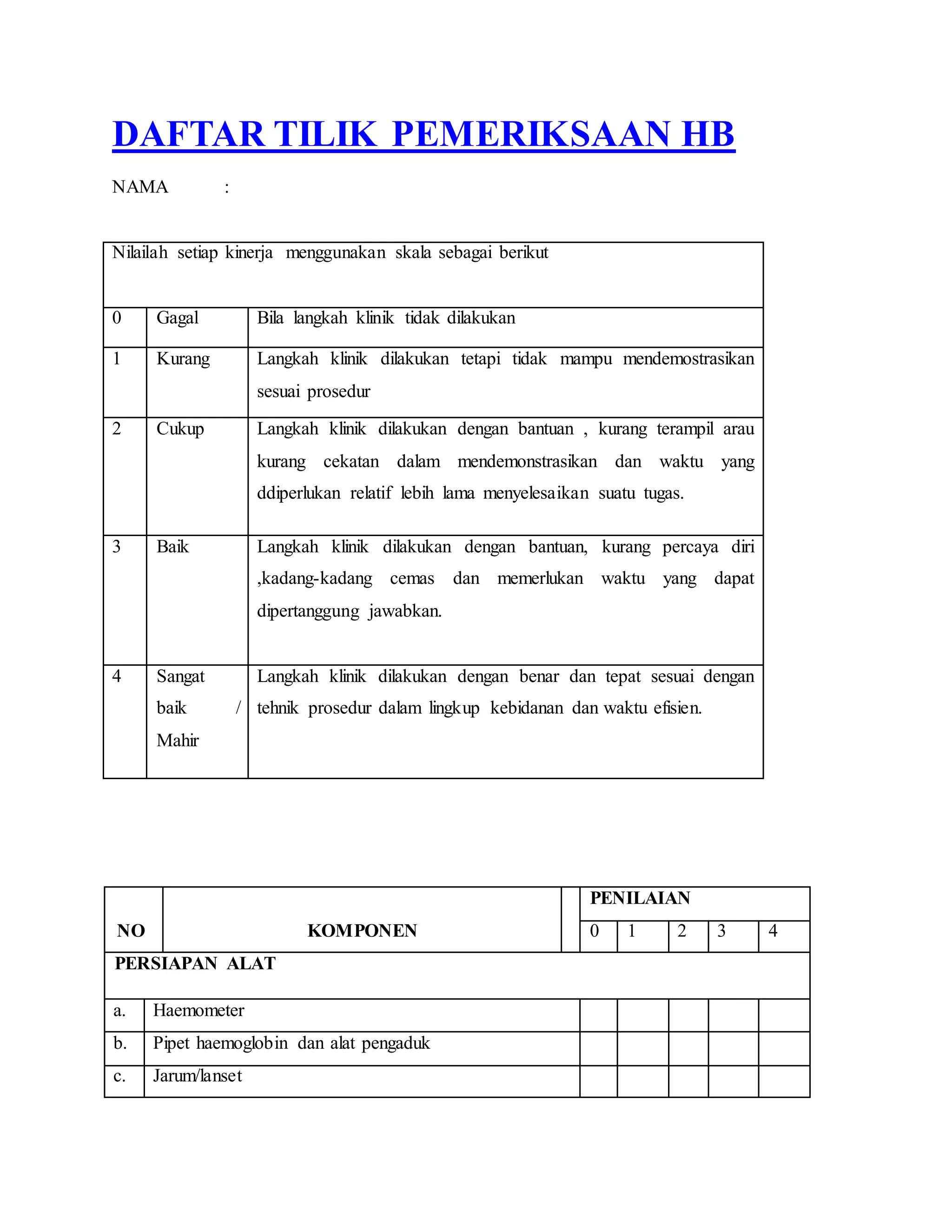 Daftar tilik pemeriksaan hb | DOCX
