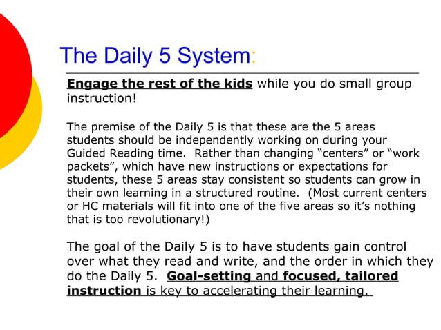 Daily 5 power point - Presentation/Summary by Susan Tegen | PPT