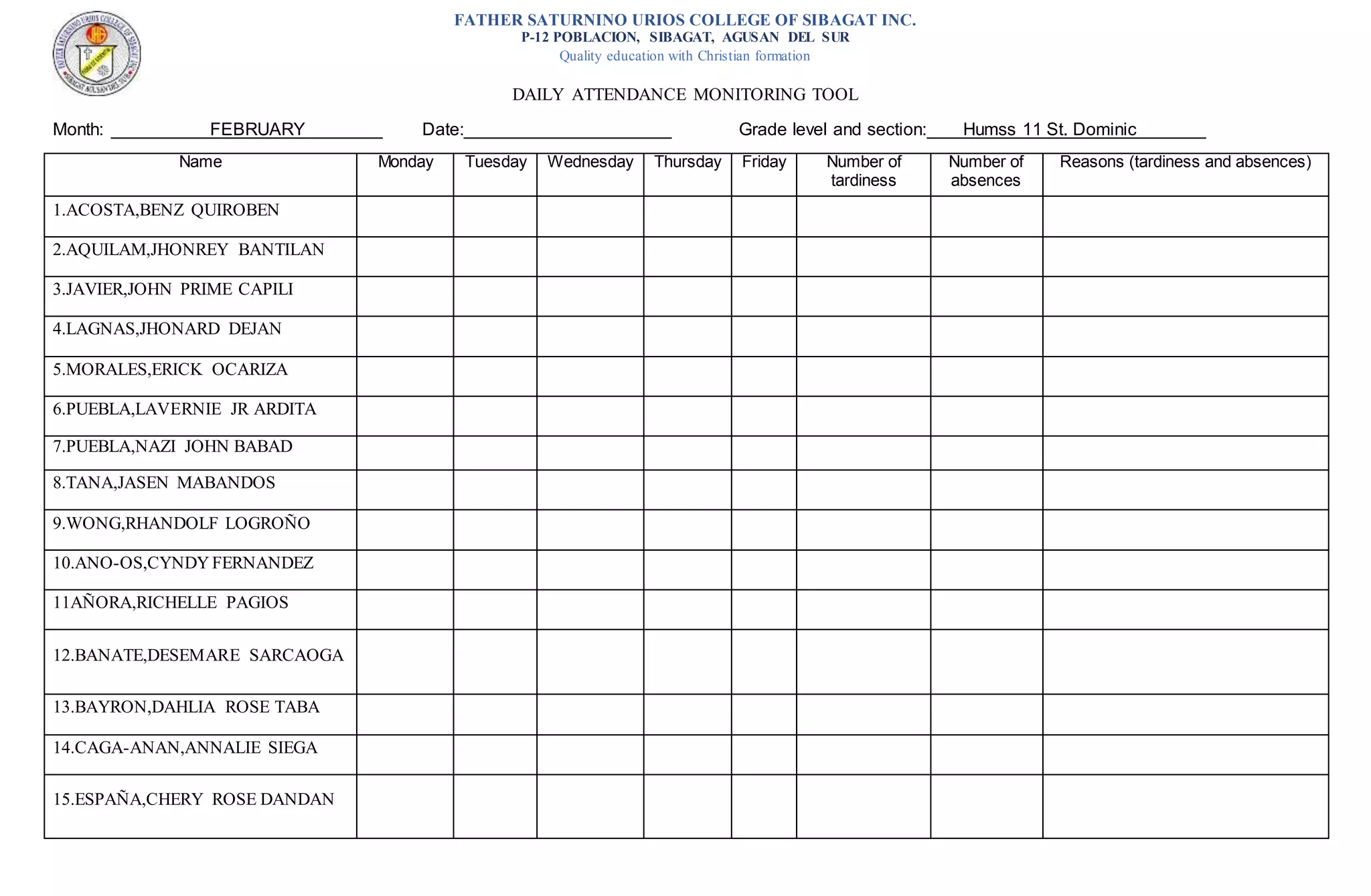 Daily attendance monitoring tool | DOCX | Educational Assessment ...