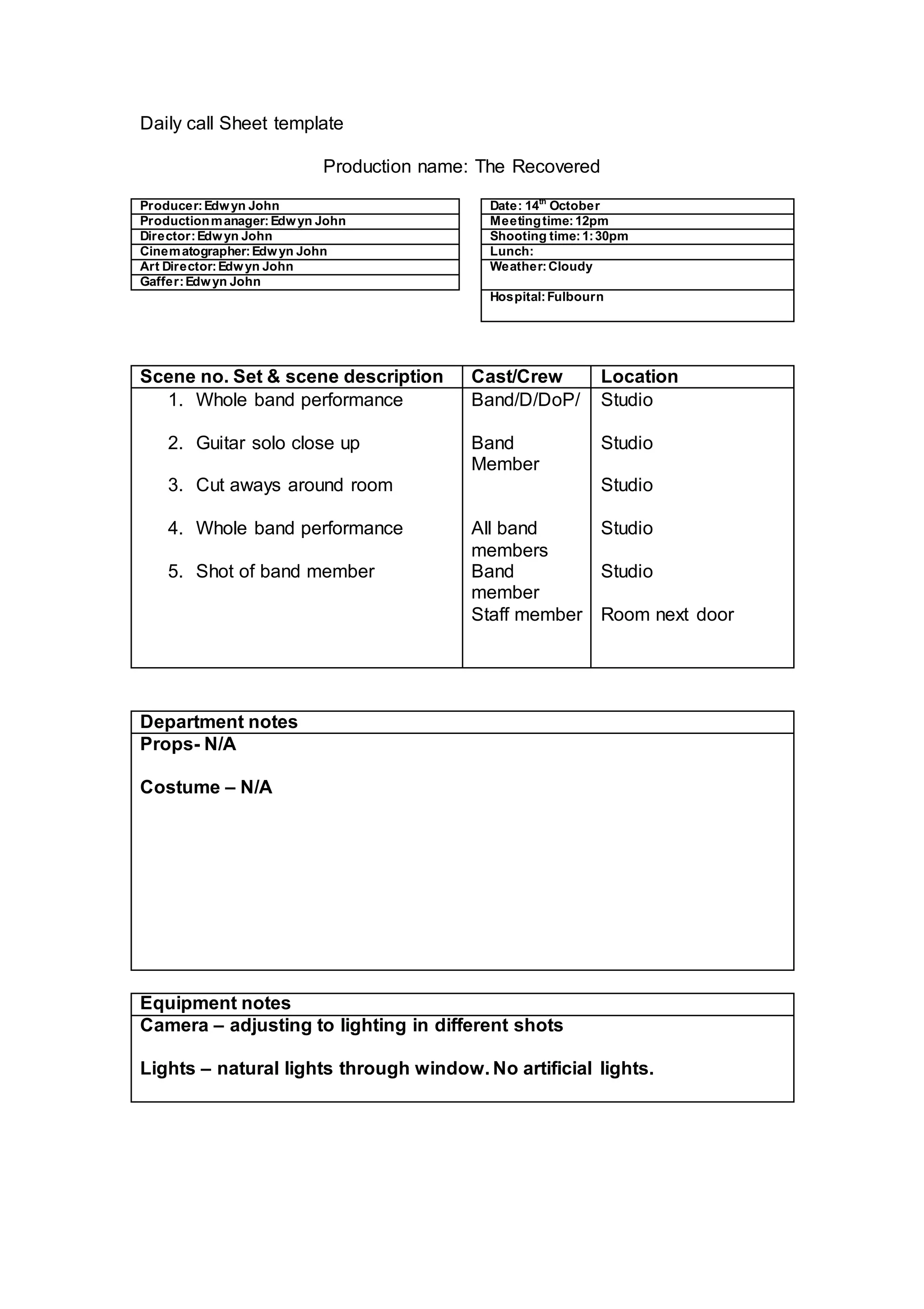 Daily call sheet 1 | DOCX