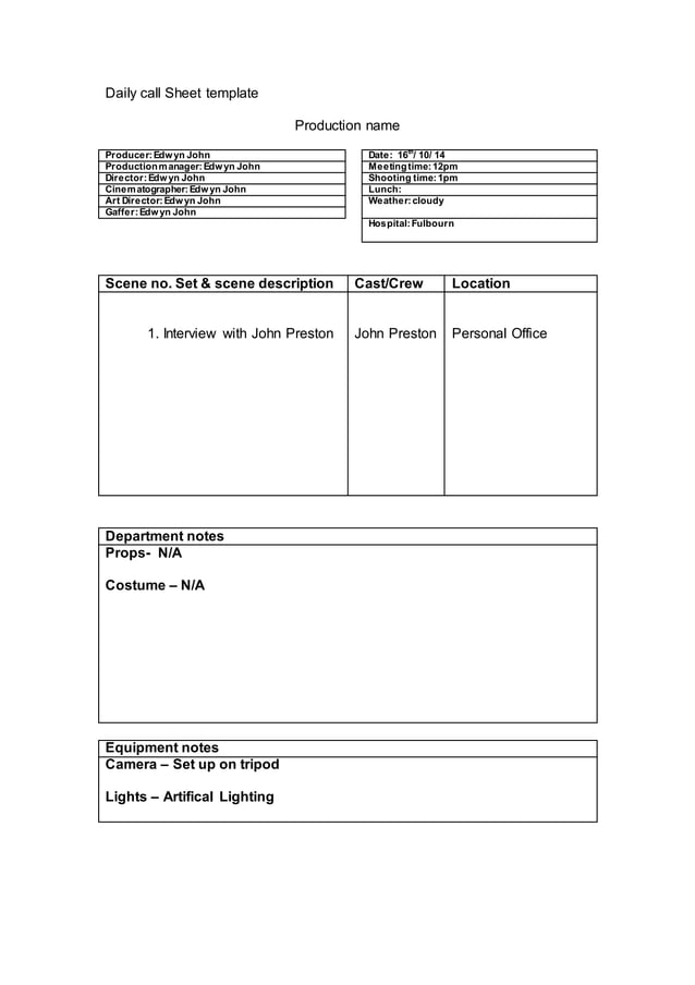 Daily call sheet 3 | DOCX