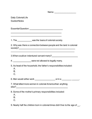 Daily Colonial Life Guided Notes | PDF