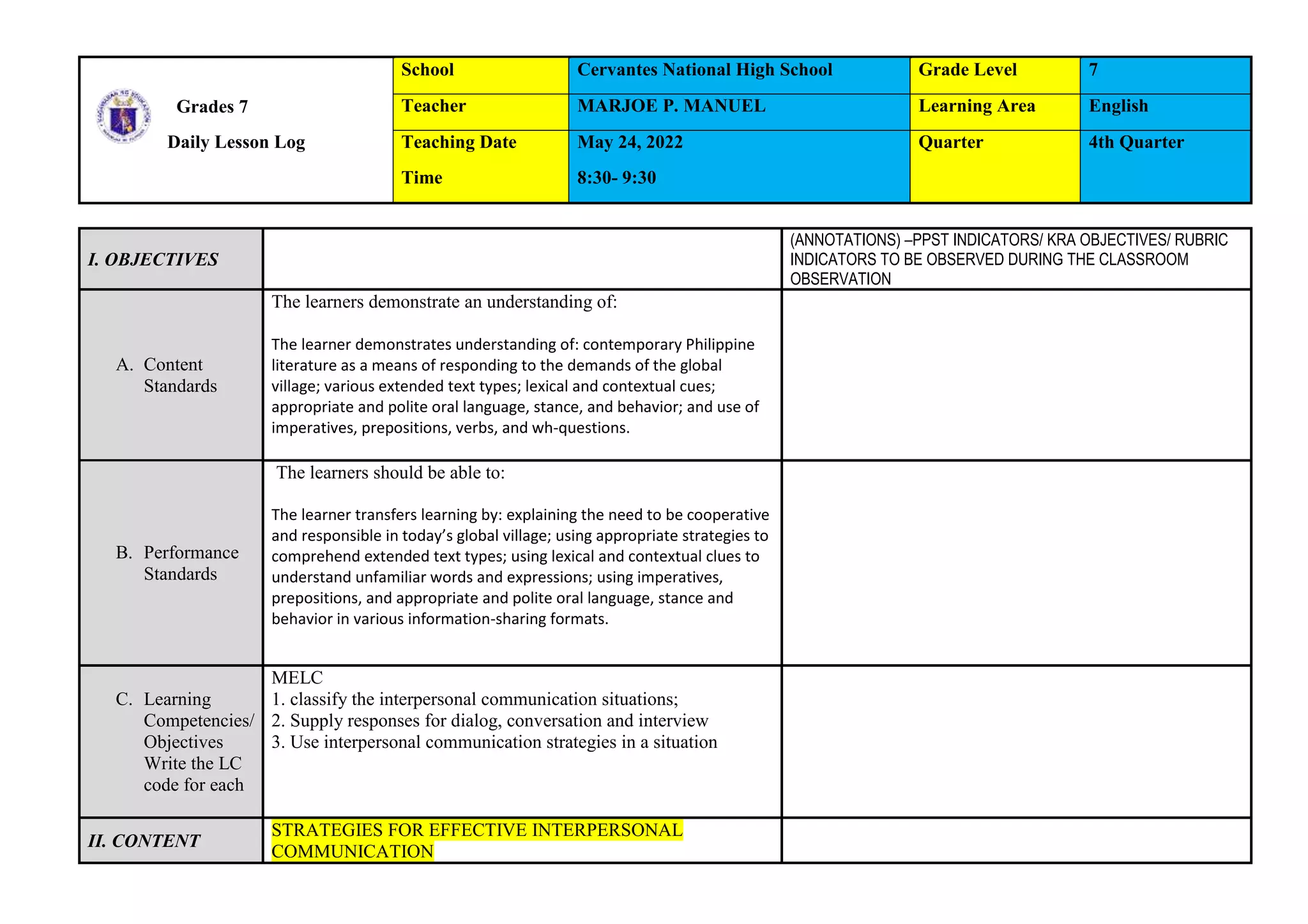 daily lesson log for observation.docx