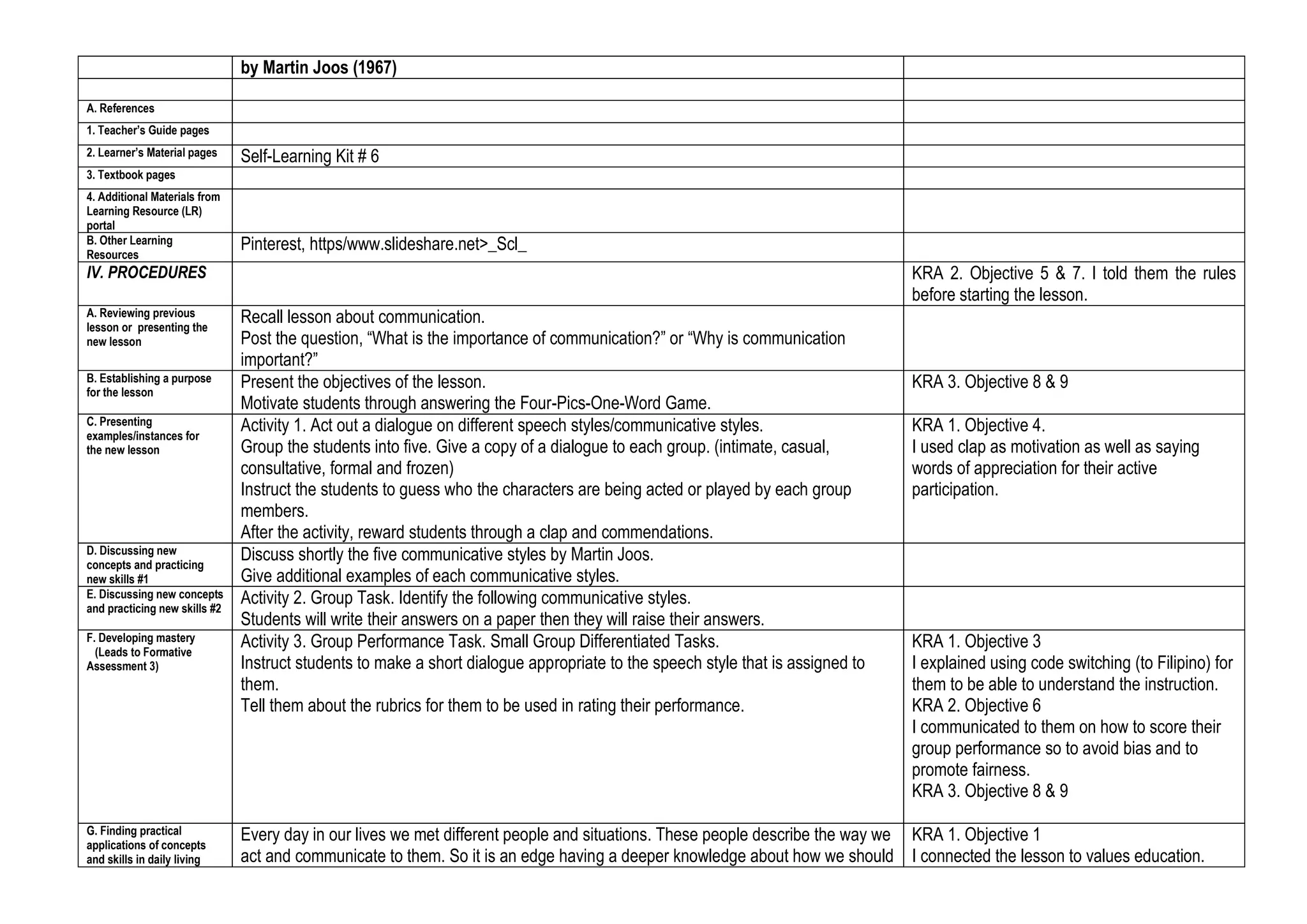 daily lesson log for observation.docx