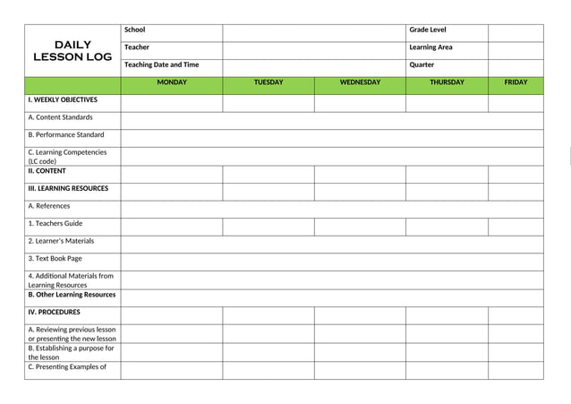 DAILY LESSON LOG Template (Template DLL in school) | DOCX