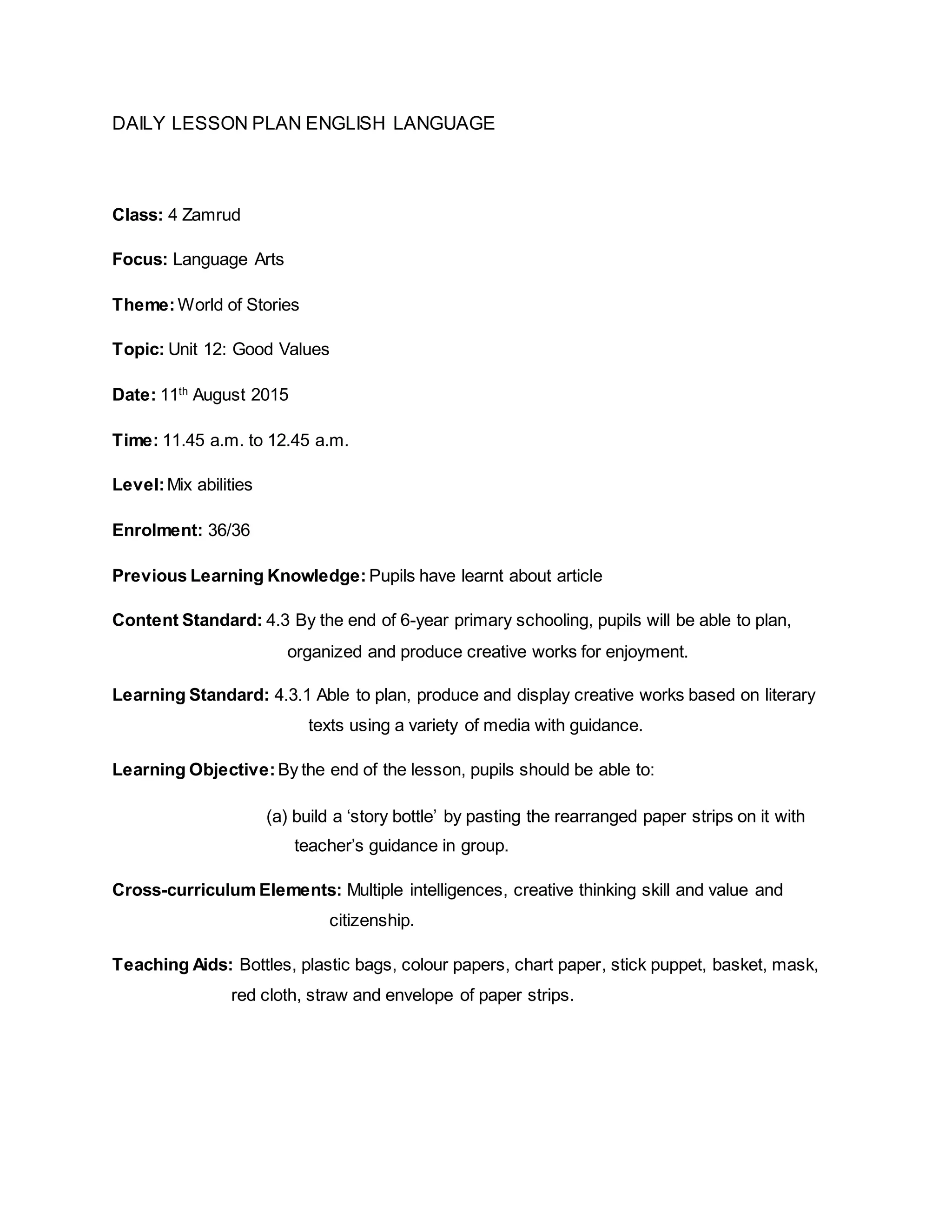 Daily lesson plan english language | DOCX