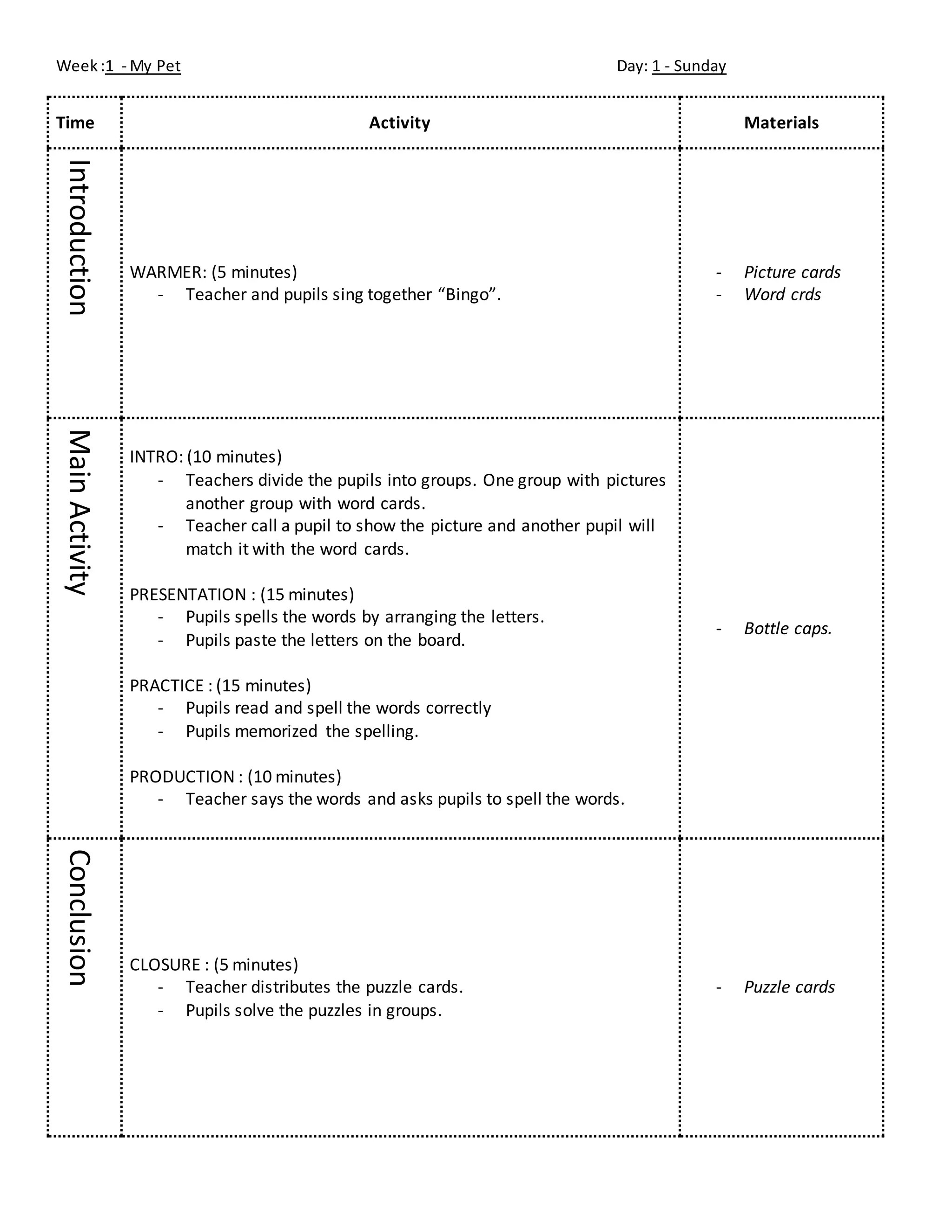 Daily lesson plan (monday) my pet | DOCX