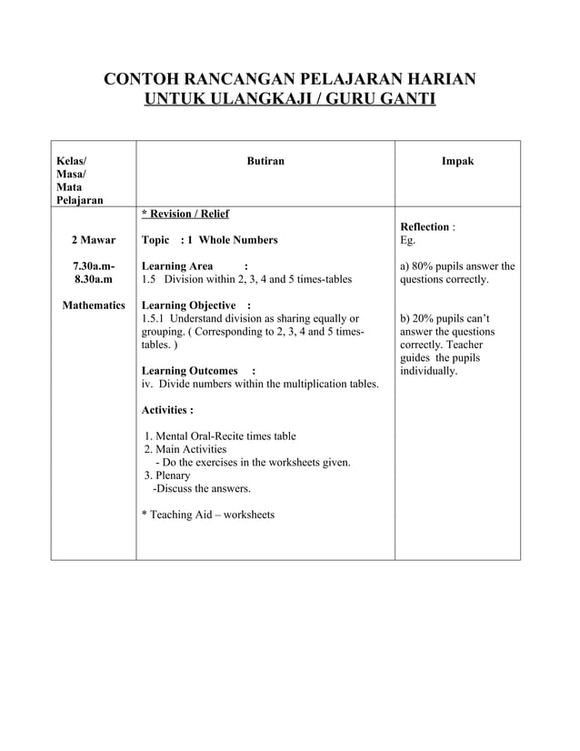 Daily lesson plan (rph) | DOC | Educational Assessment | Education