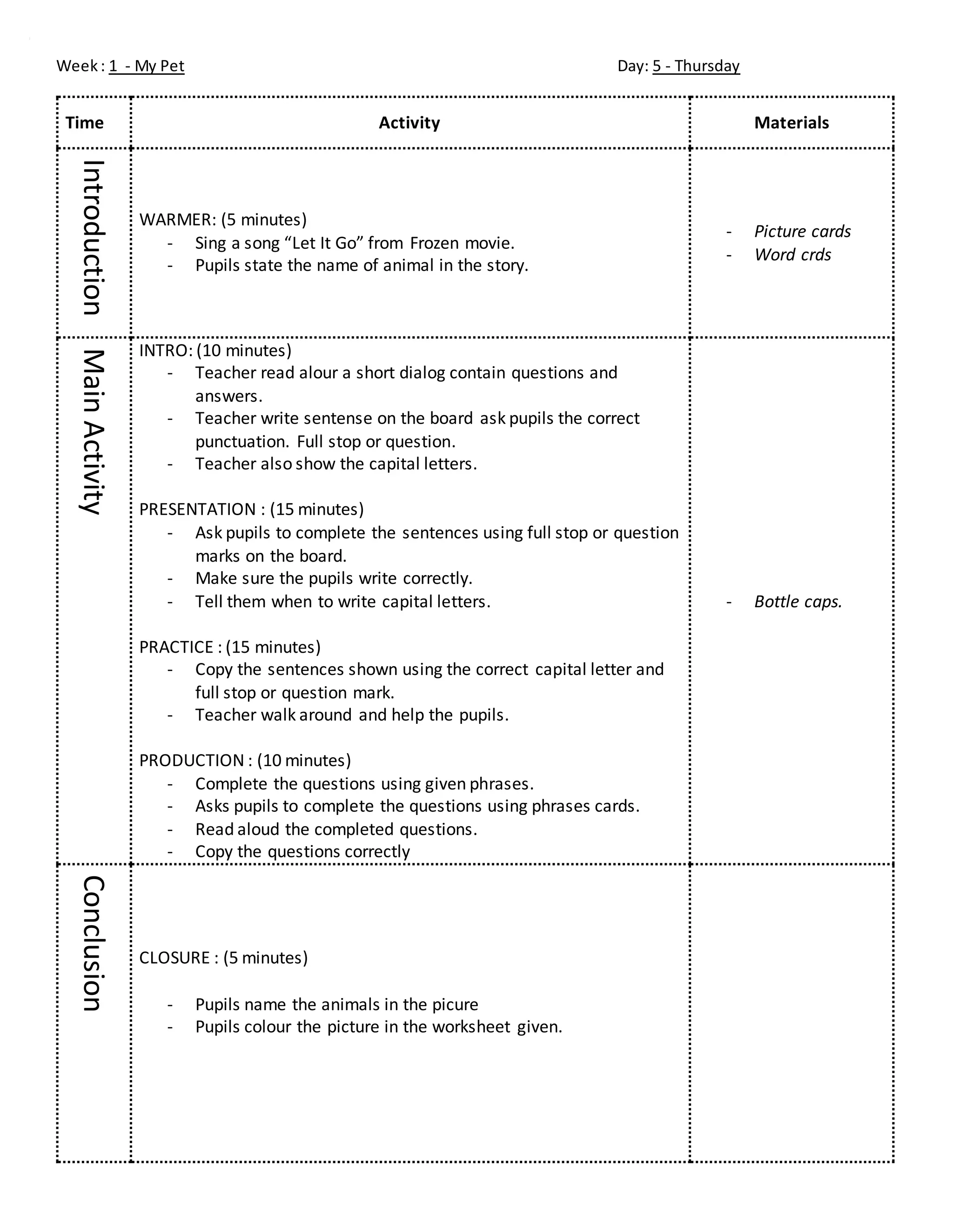 Daily lesson plan (thursday) my pet | DOCX