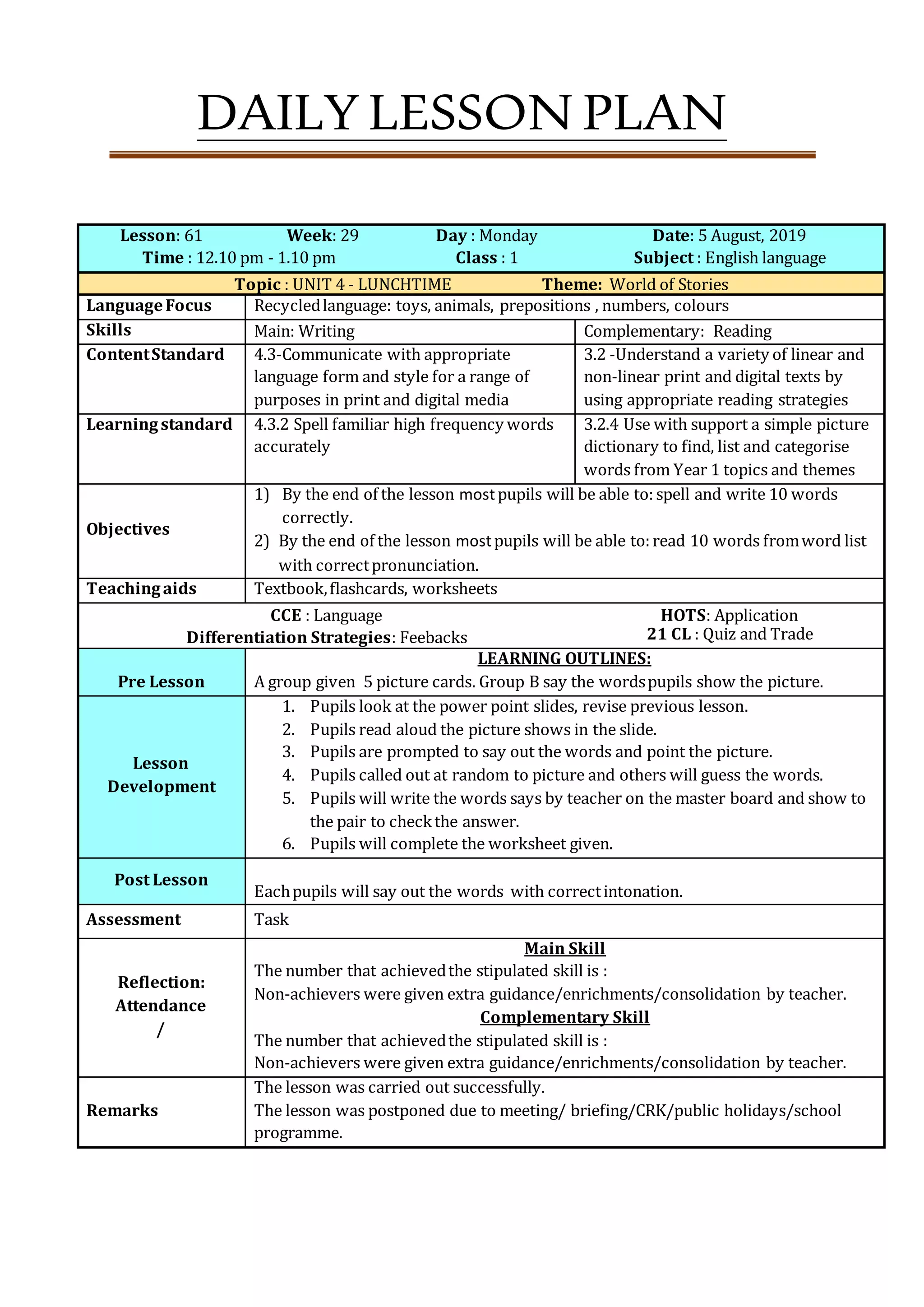 Daily lesson plan y1 2019 | PDF