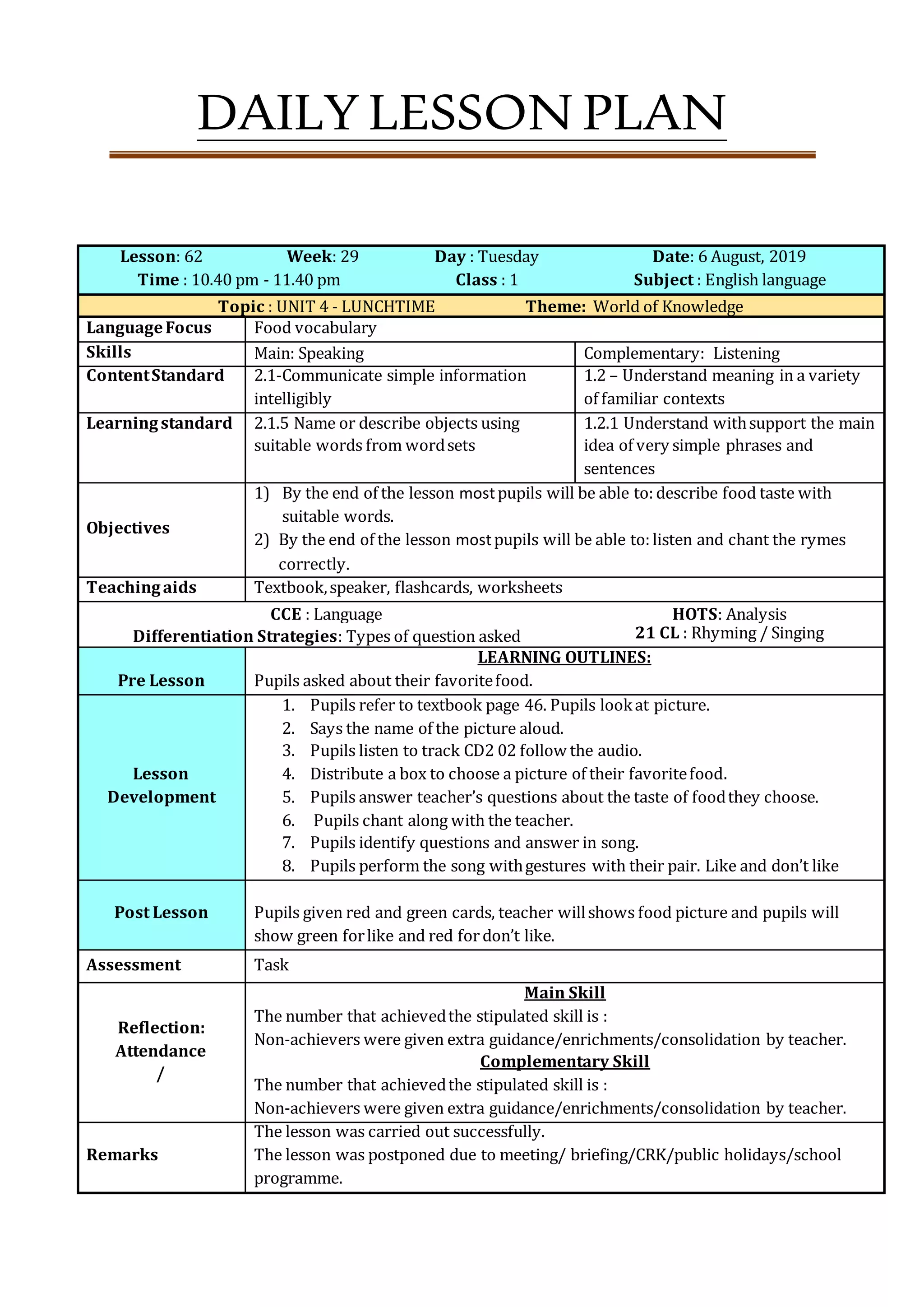 Daily lesson plan y1 2019 | PDF