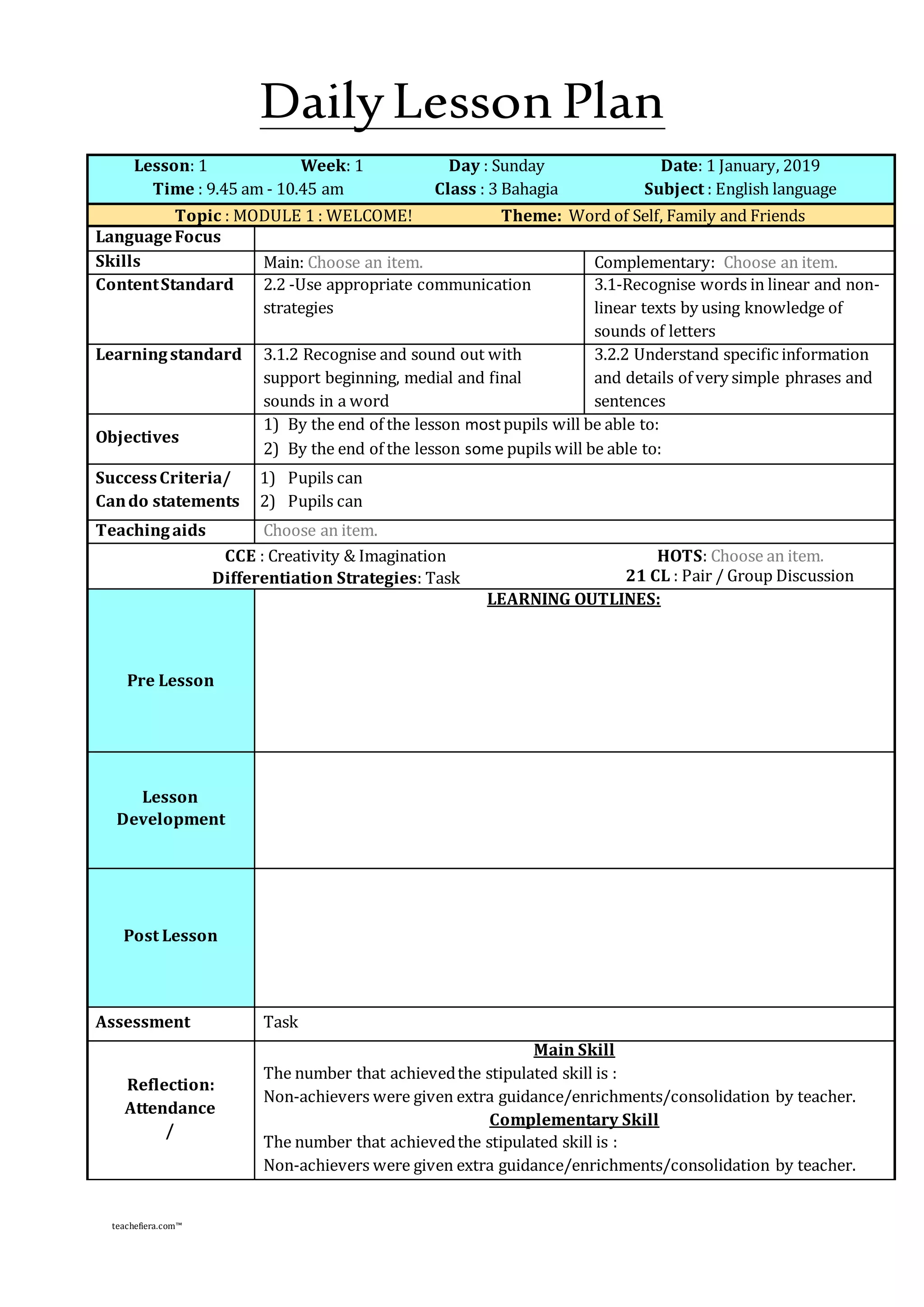Daily lesson plan y1 y2 y3 2019 | DOCX