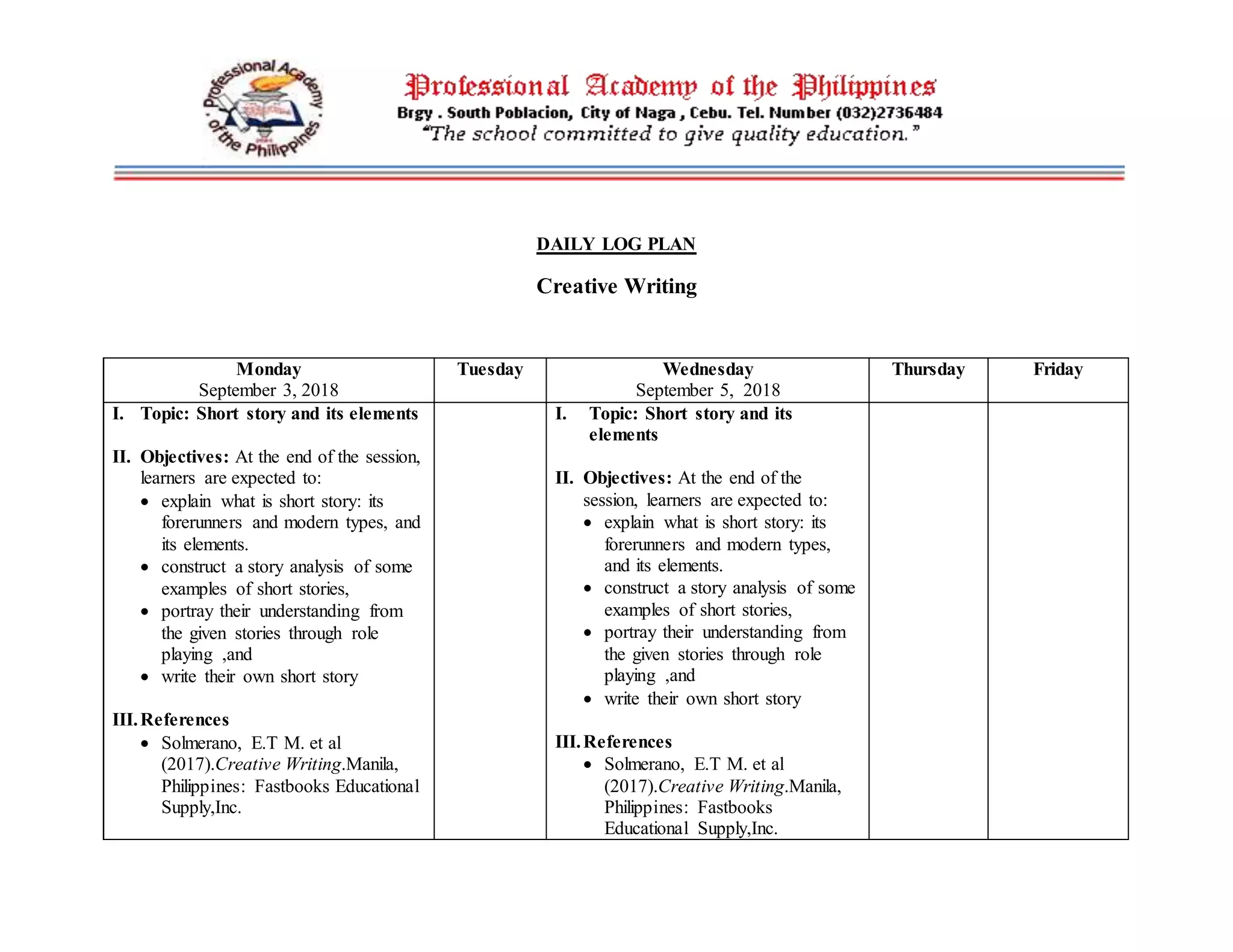 Daily log plan creative writing | DOCX