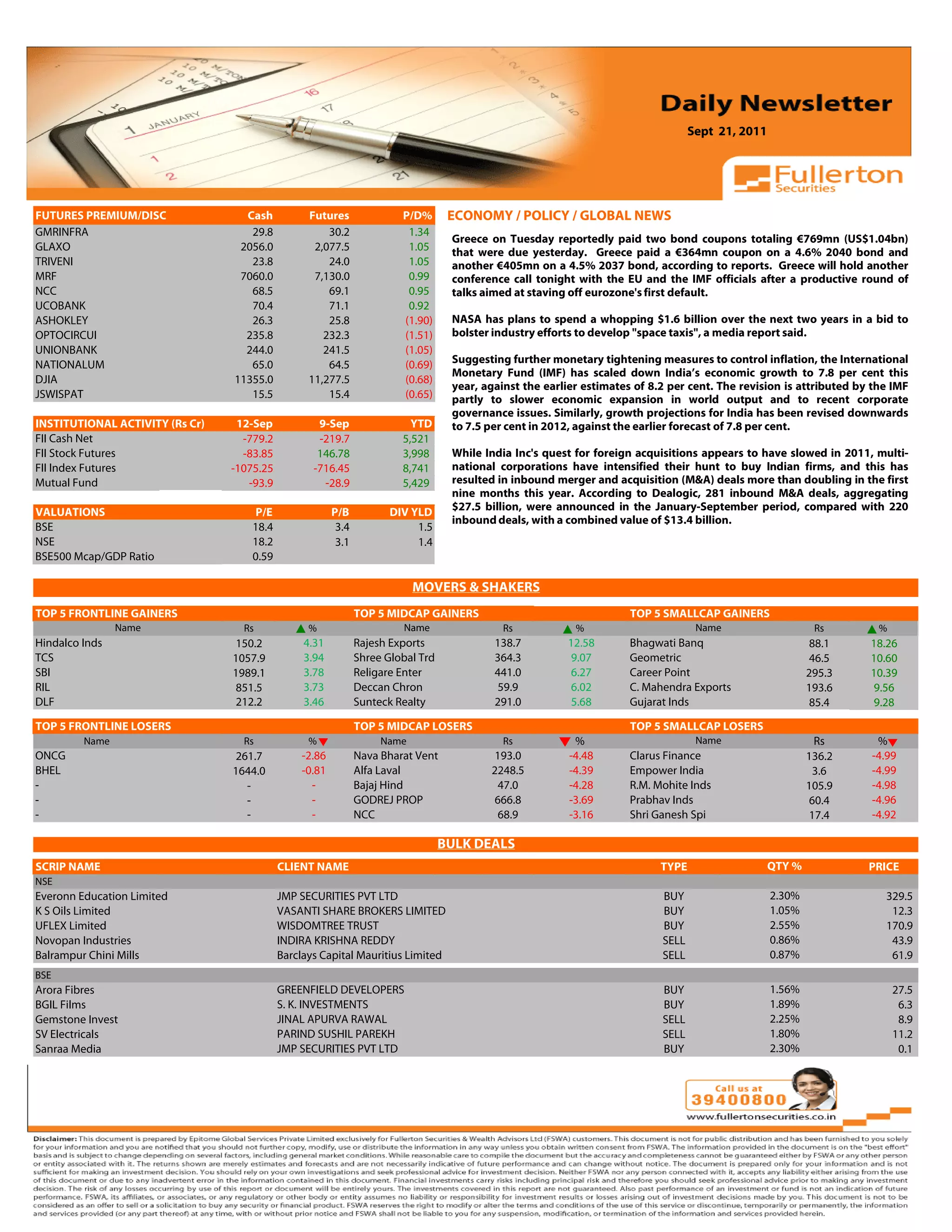 Daily Newsletter - Sep 21, 2011 | PDF