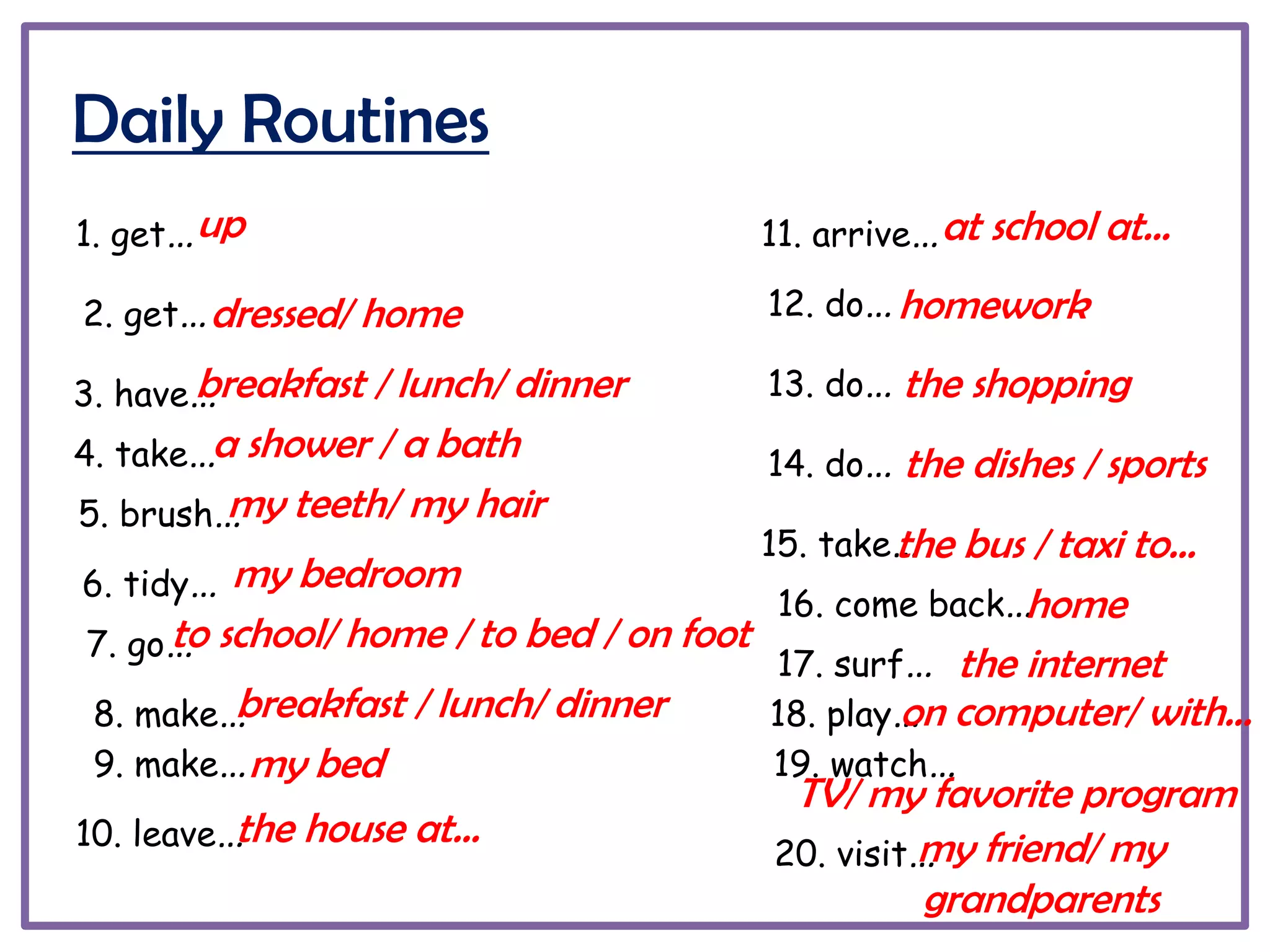 Daily routine expressions | PDF | Homework and Study | Education