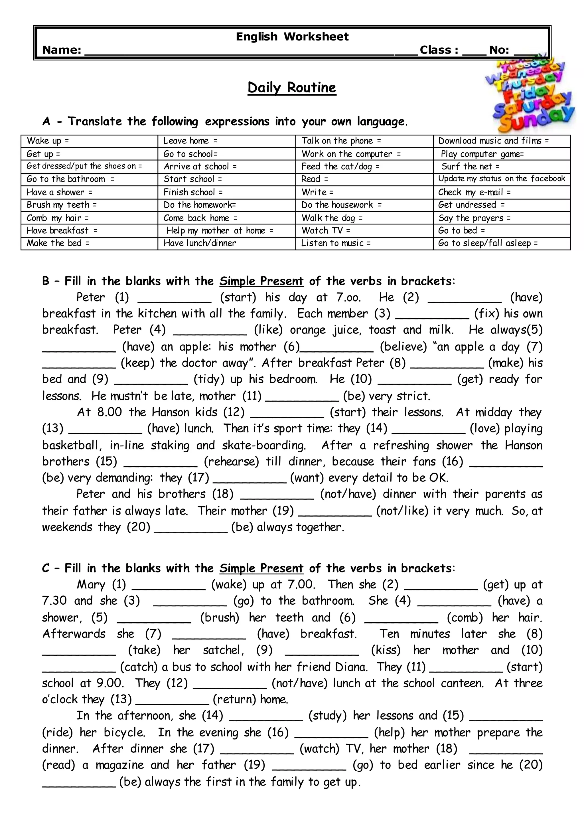 Daily routine simple present with key | DOC